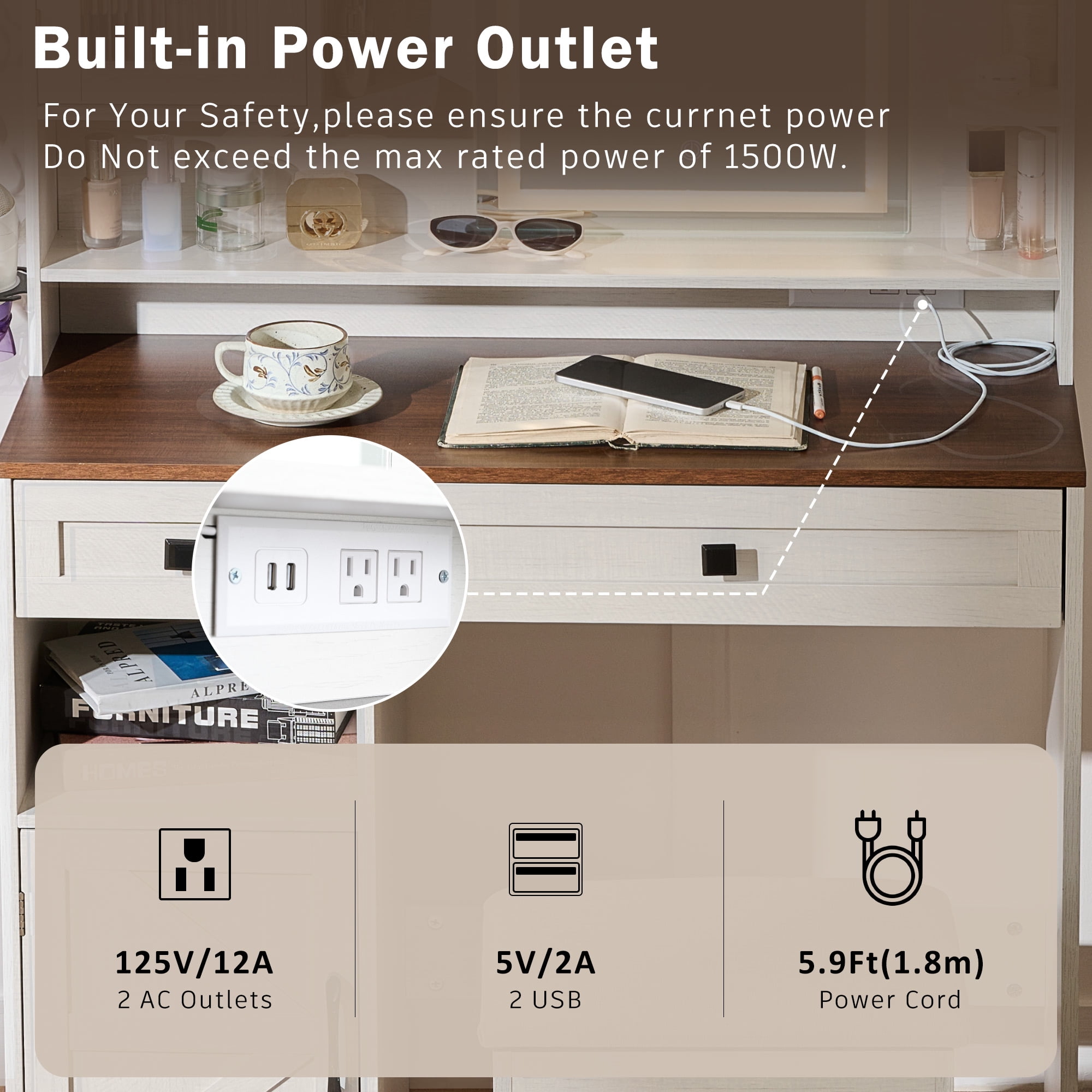 Farmhouse Makeup Vanity Desk with Mirror and Lights,Dressing Table Set ...