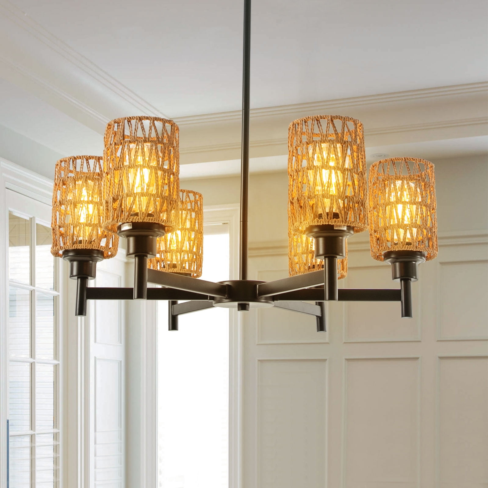 Farmhouse Metal Chandelier, Round Wagon Wheel Light Fixture With Rope ...