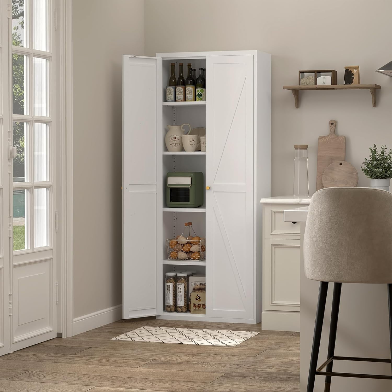 Farmhouse Metal Storage Cabinet, 71''H White Kitchen Pantry Storage ...