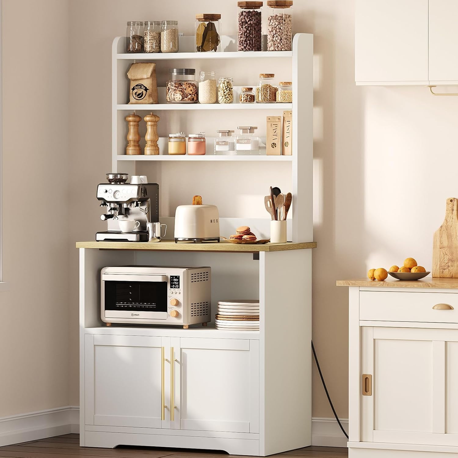 Farmhouse Microwave Stand Bakers Rack Cabinet, Bakers Rack with Power ...