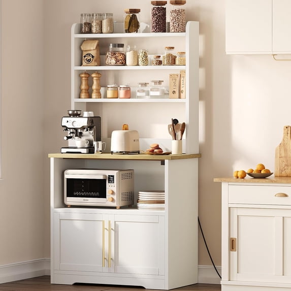 Farmhouse Microwave Stand Bakers Rack Cabinet, Bakers Rack with Power ...