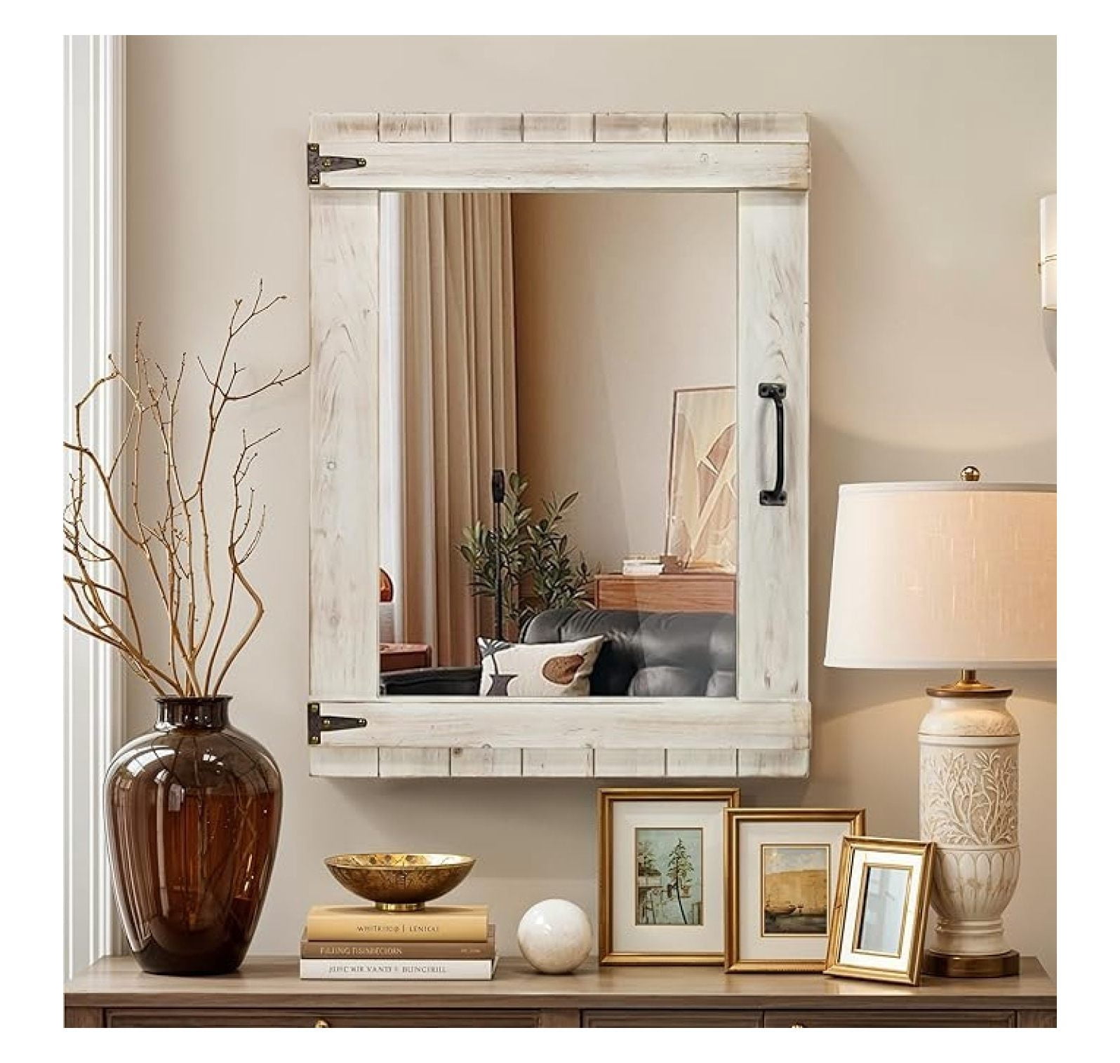 Farmhouse Mirror, 24x32 Inch Distressed White Wood Frame with Black ...