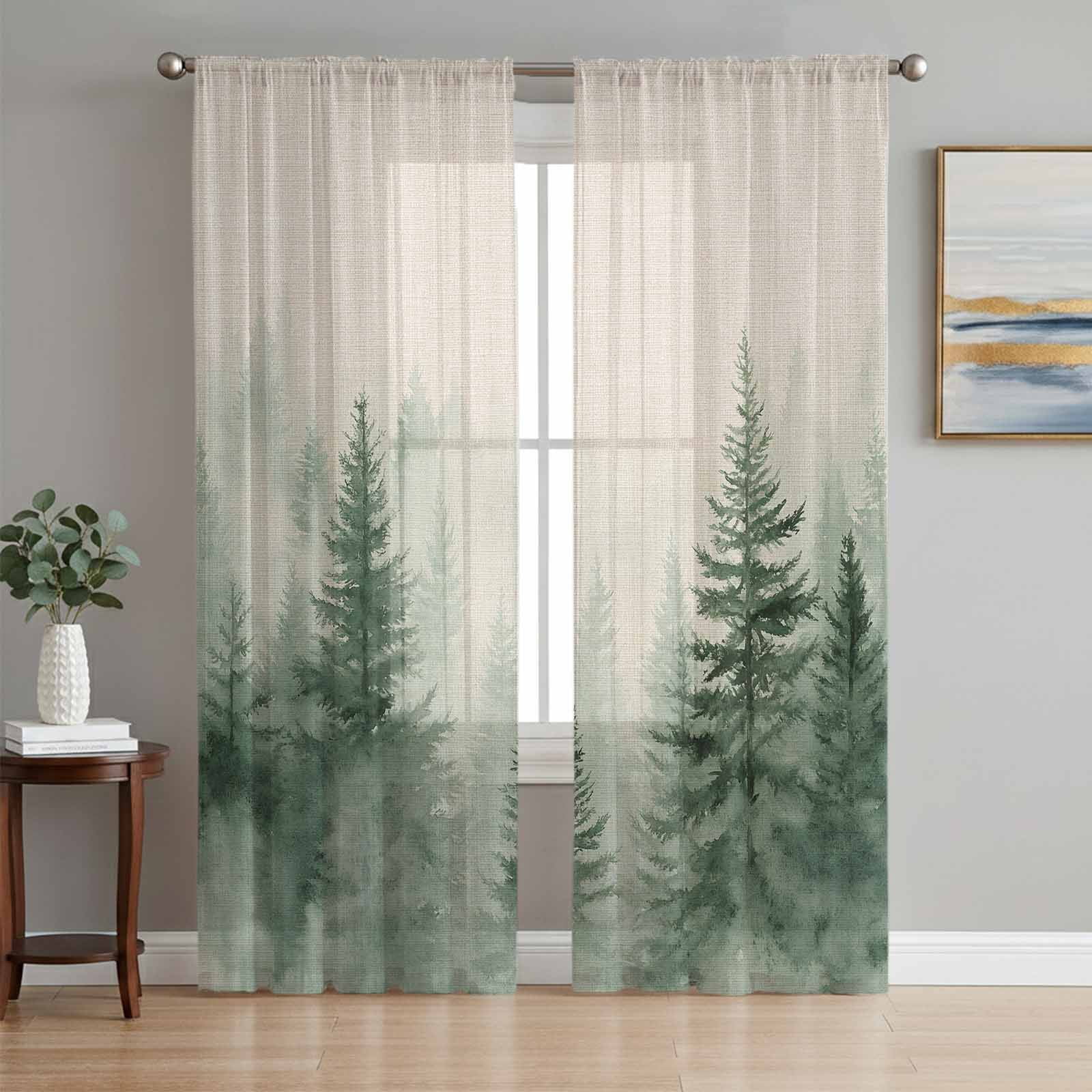 Farmhouse Mist Forest Sheer Curtains 63 Inch Length 2 Panels Set ...