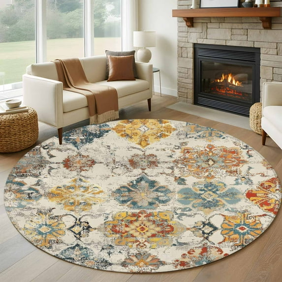 Farmhouse Morocco Round Area Rug 5 FT, Non Slip Bedroom Area Rug, Boho ...