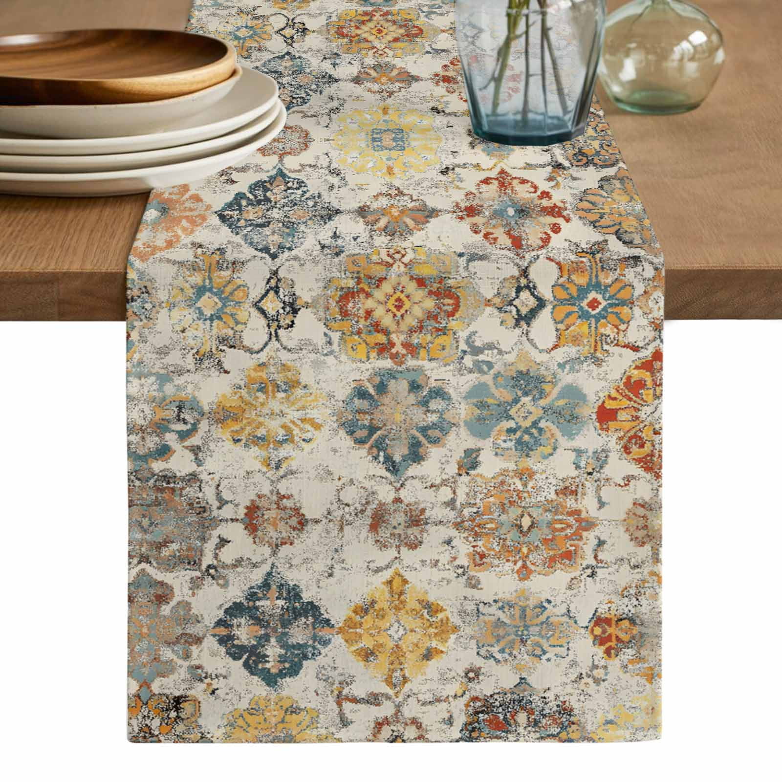 Farmhouse Morocco Table Runner, Boho Abstract Shabby Texture Art ...
