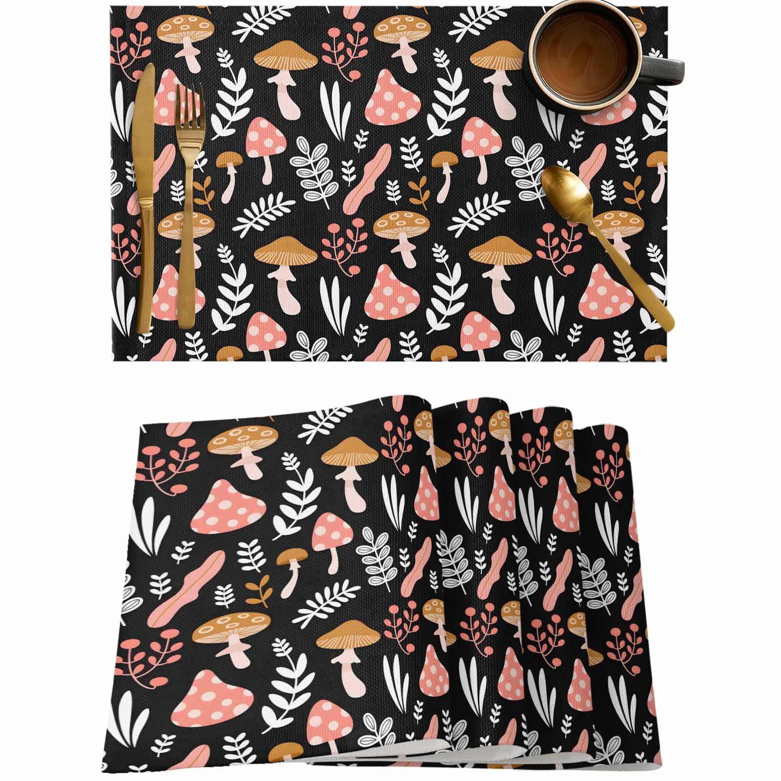 Farmhouse Mushroom Leaves Seamless Placemats Set of 4,Wipeable Washable ...