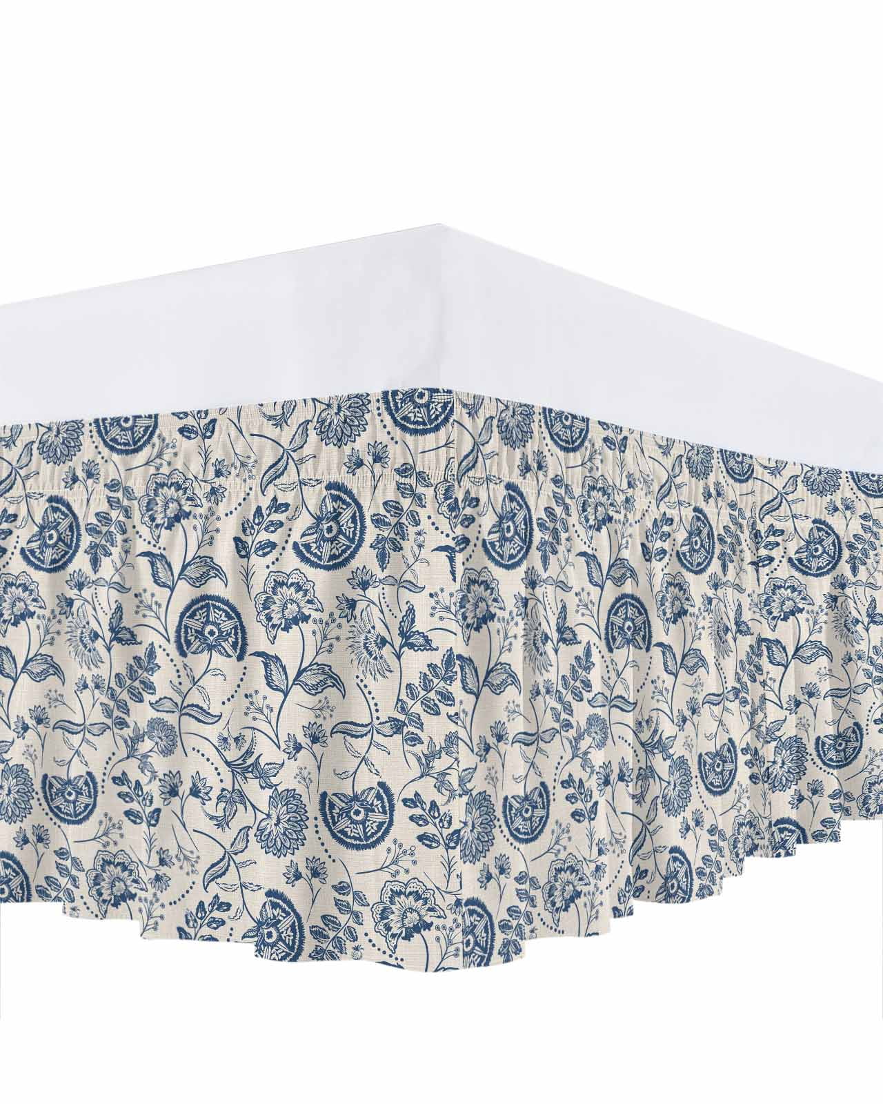 Farmhouse Navy Blue Floral Bed Skirt Queen Size 18 Inch Drop, Linen ...