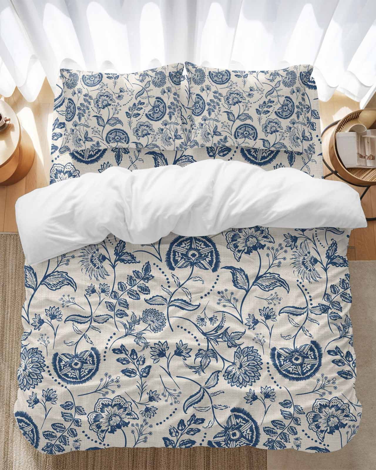 Farmhouse Navy Blue Floral Bedding Duvet Cover Set Queen Size 4 Pieces ...