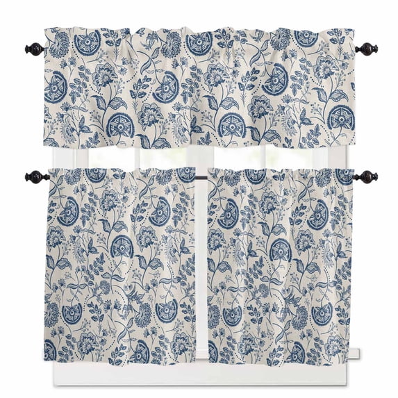 Farmhouse Navy Blue Floral Kitchen Curtains Valance and Tier Set Linen ...