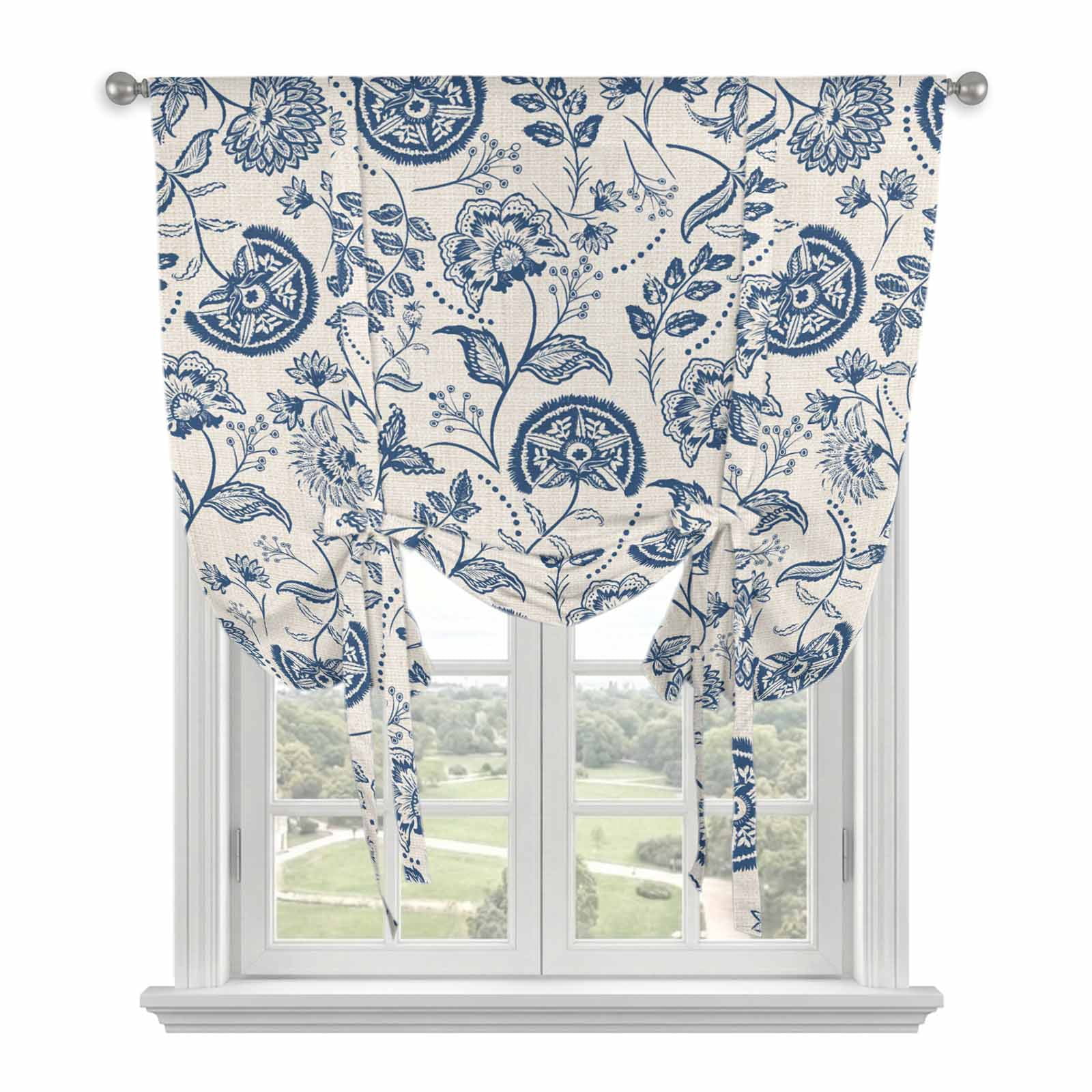 Farmhouse Navy Blue Floral Tie Up Curtains, Linen Boho Paisley Flower ...