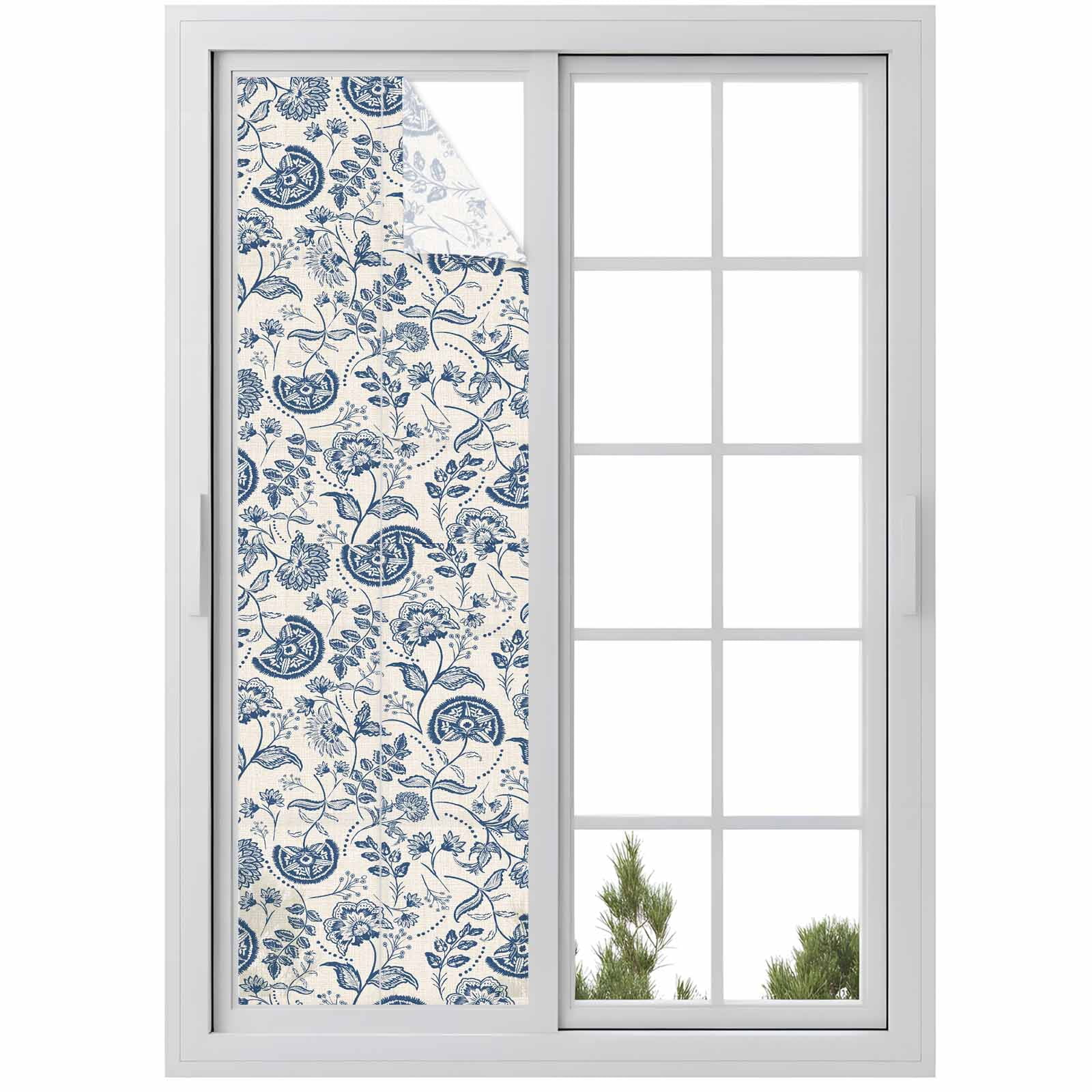 Farmhouse Navy Blue Floral Window Privacy Film Linen Boho Paisley ...