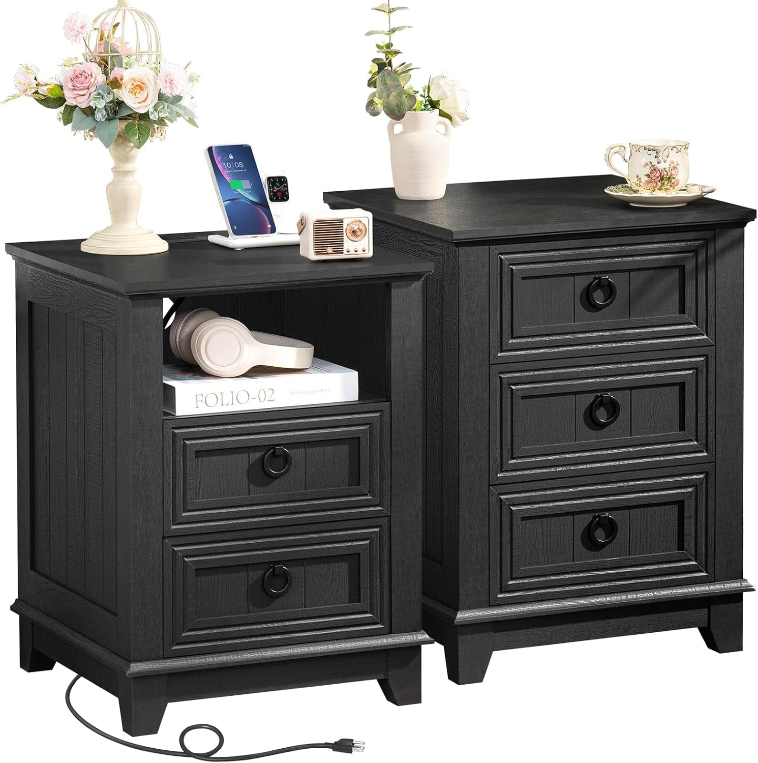 Farmhouse Night Stand 18" End with 3 Drawer Metal Handle Dresser for ...