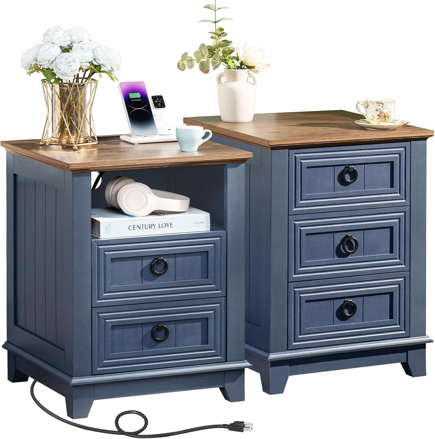 Farmhouse Night Stand 18" End with 3 Drawer Metal Handle Dresser for ...