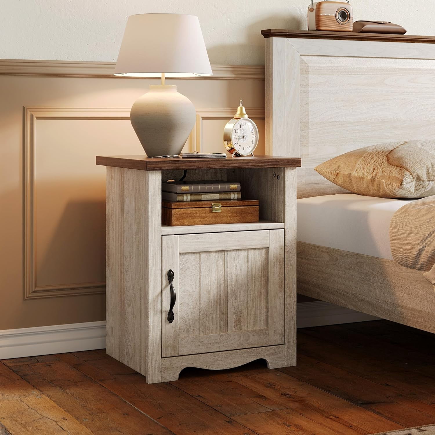 Farmhouse Night Stand, 18.9” Wood End Table with Charging Station, Side ...