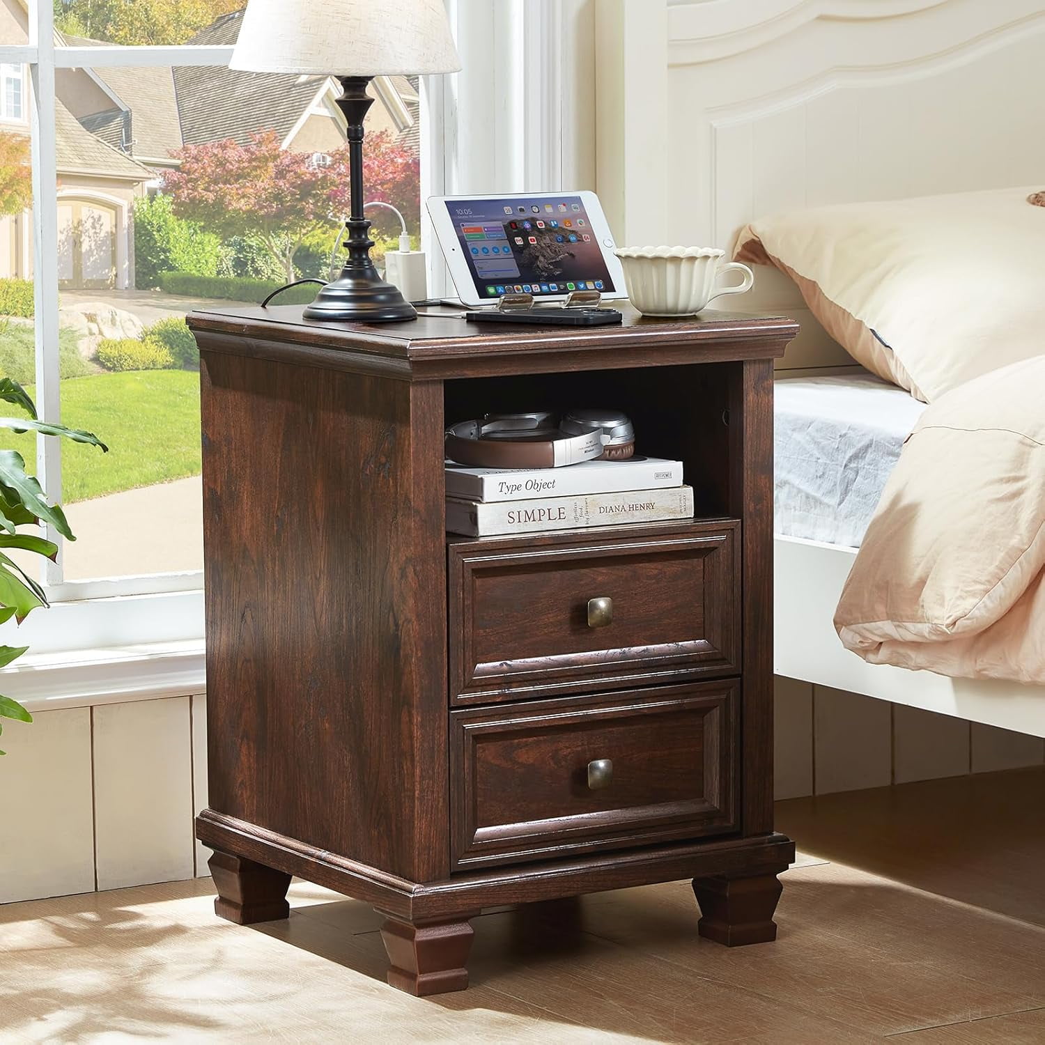 Farmhouse Night Stand with Charging Station, Rustic Brown Nightstand,2 ...