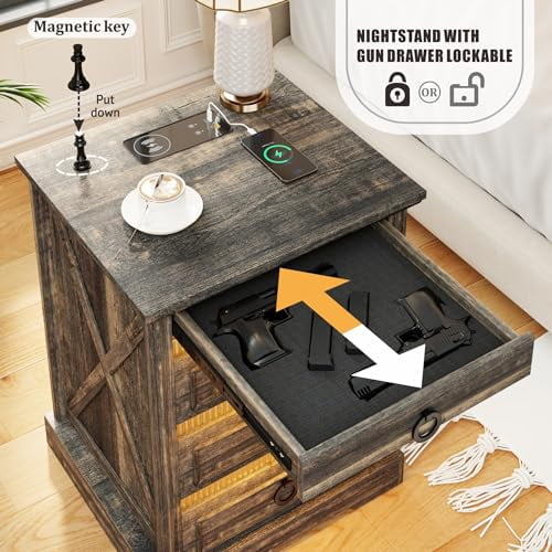Farmhouse Night Stand with Gun Drawer, Bedside Table with Charging ...