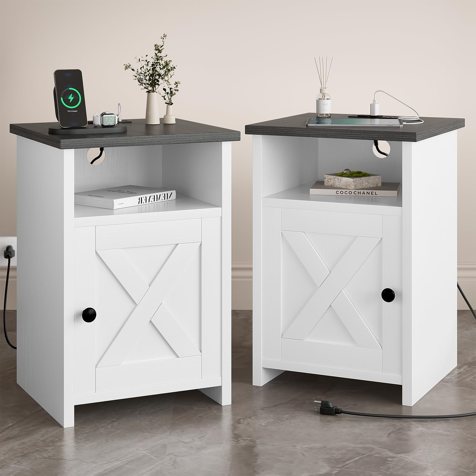 Farmhouse Night Stand Set of 2 with Charging Station, End Tables with ...