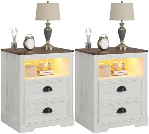 Farmhouse Night Stand Set 2 with Charger Station, Smart Bedside Table ...