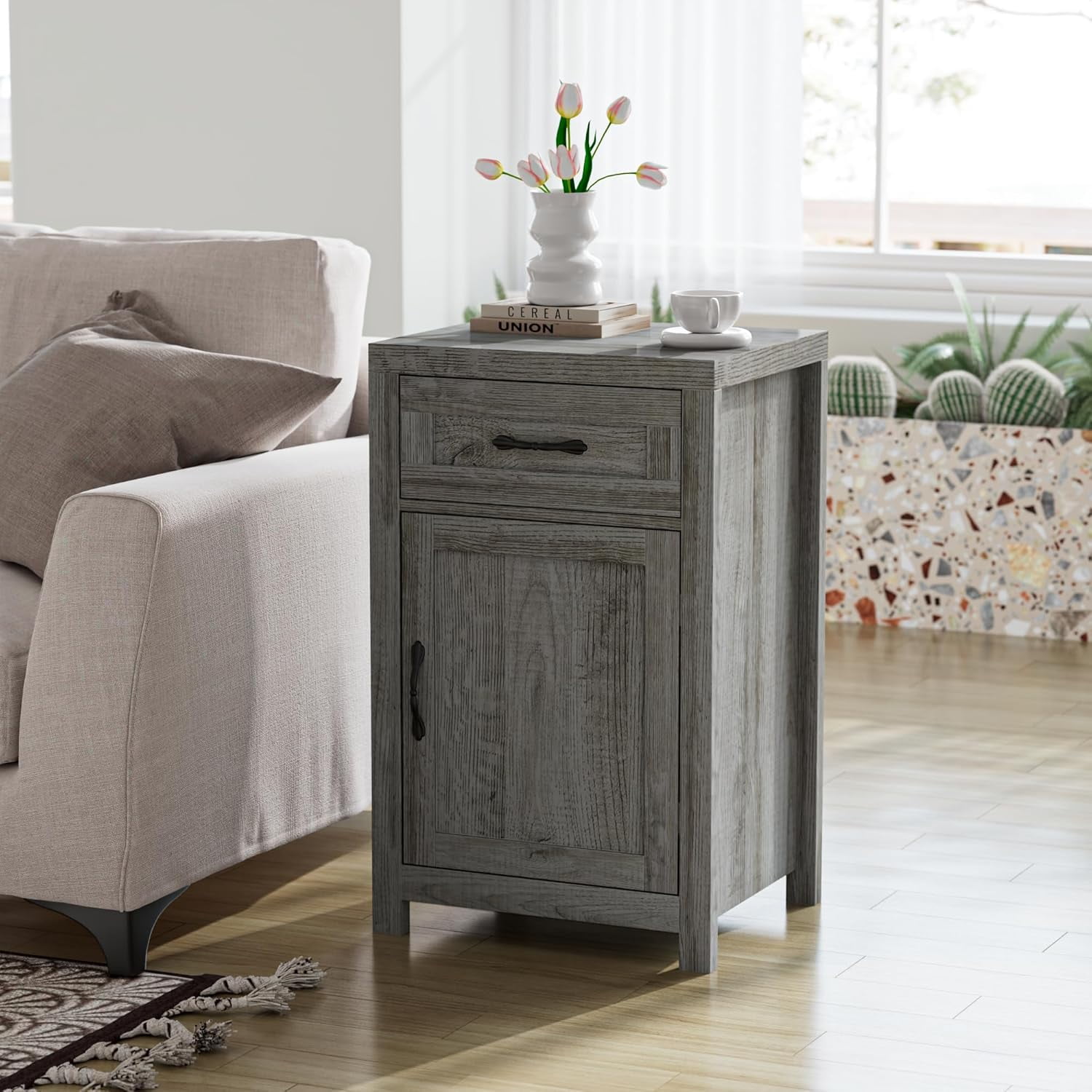 Farmhouse Night Stand with Barn Door, 30'' Tall Rustic Bedside Table ...