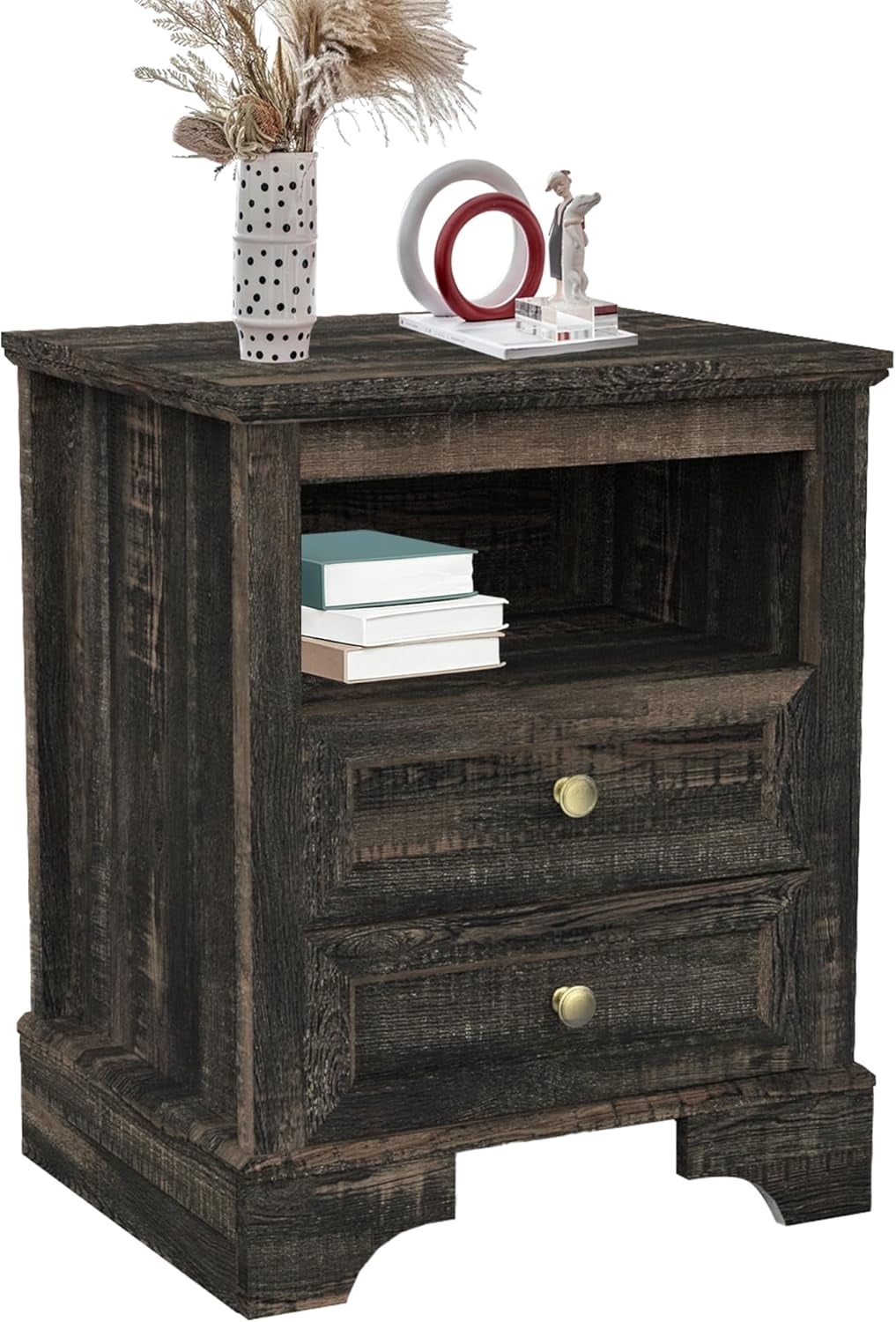 Farmhouse Nightstand, 18" Beside Table with 2 Drawers and 1 Open ...