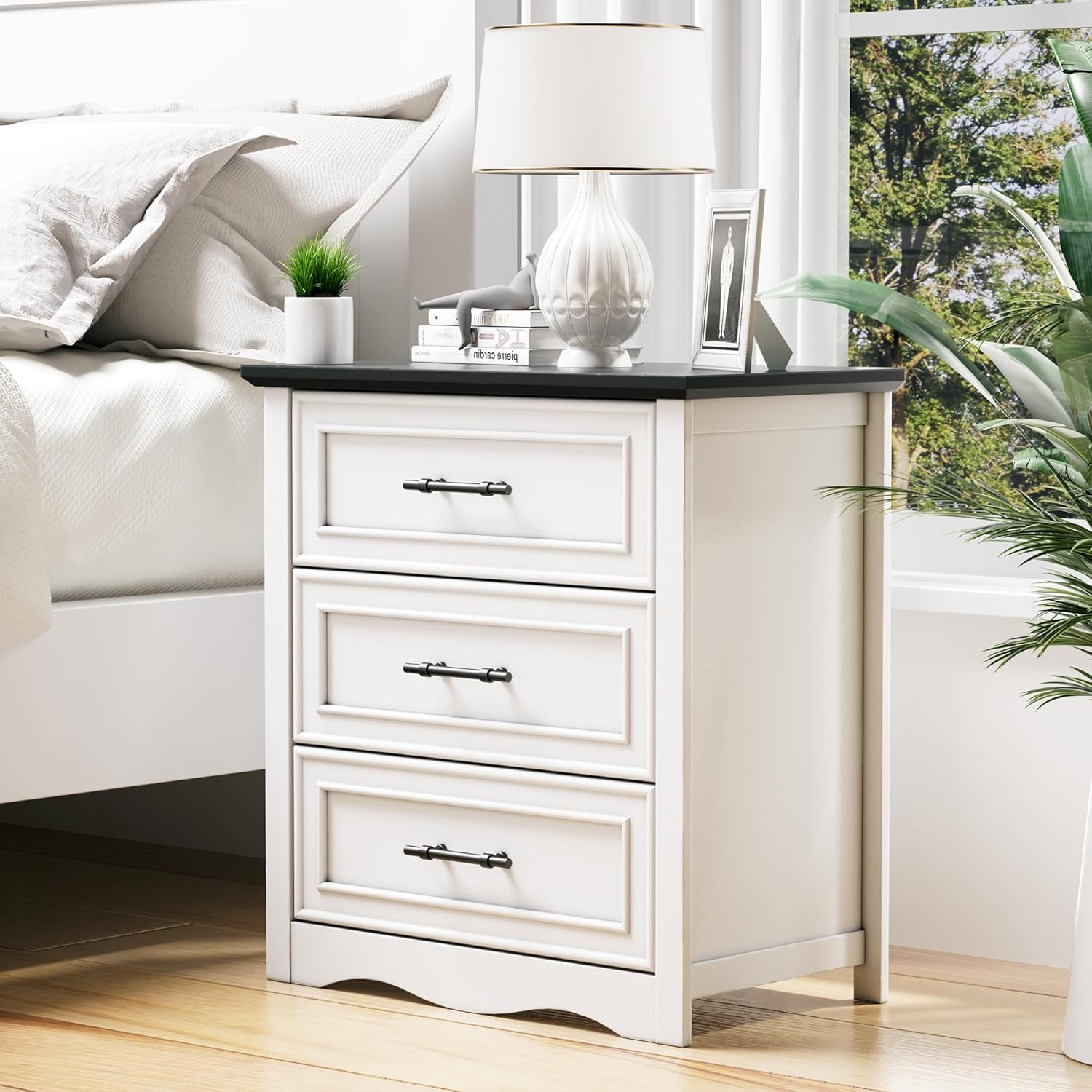 Farmhouse Nightstand 28 Inch Wide End Table with 3 Large Drawers ...