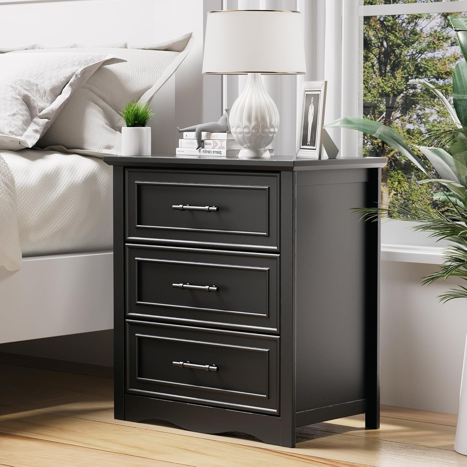 Farmhouse Nightstand, 28 Inch Wide End Table with 3 Large Drawers ...