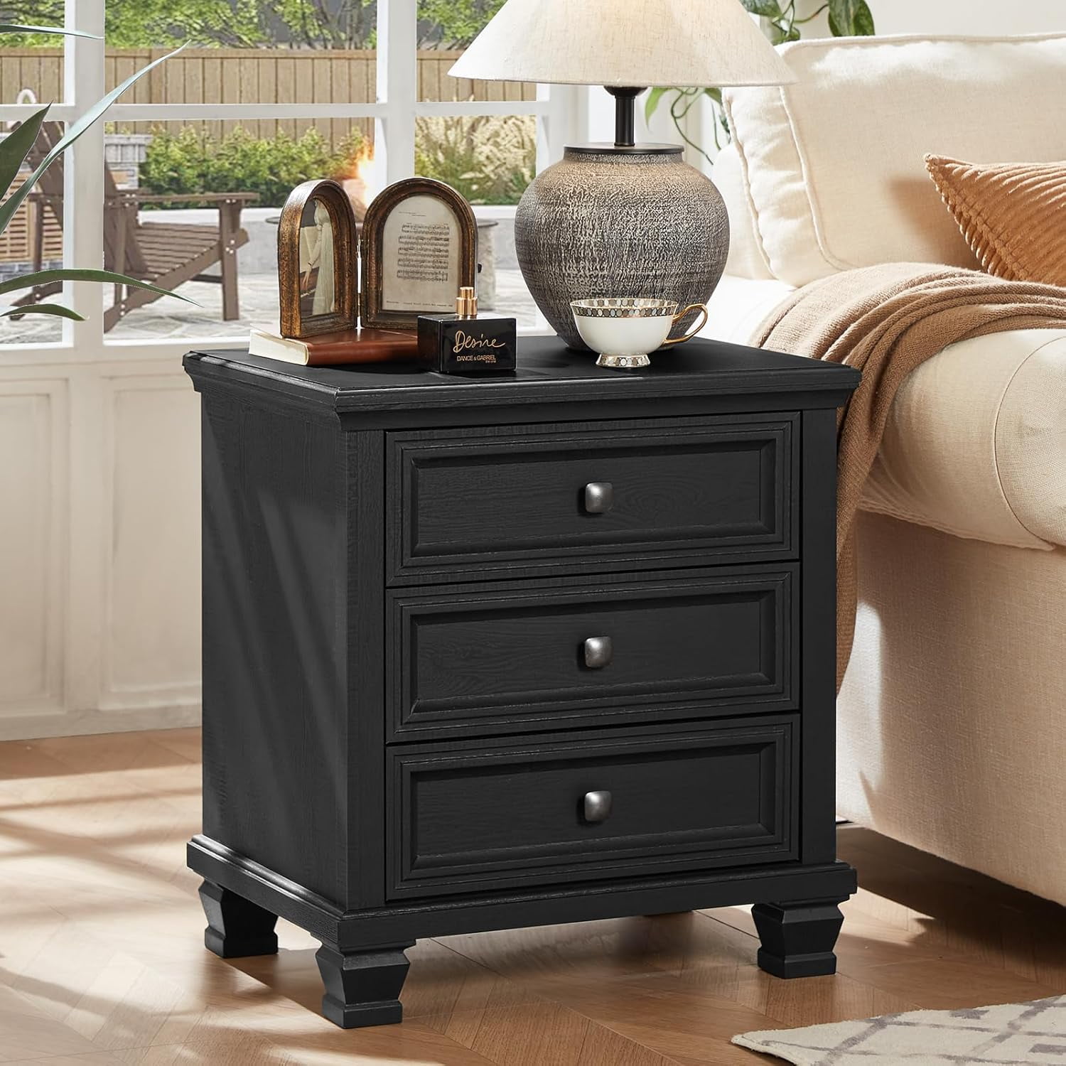 Farmhouse Nightstand with 3 Drawers, Rustic Couch End Table with 4 ...