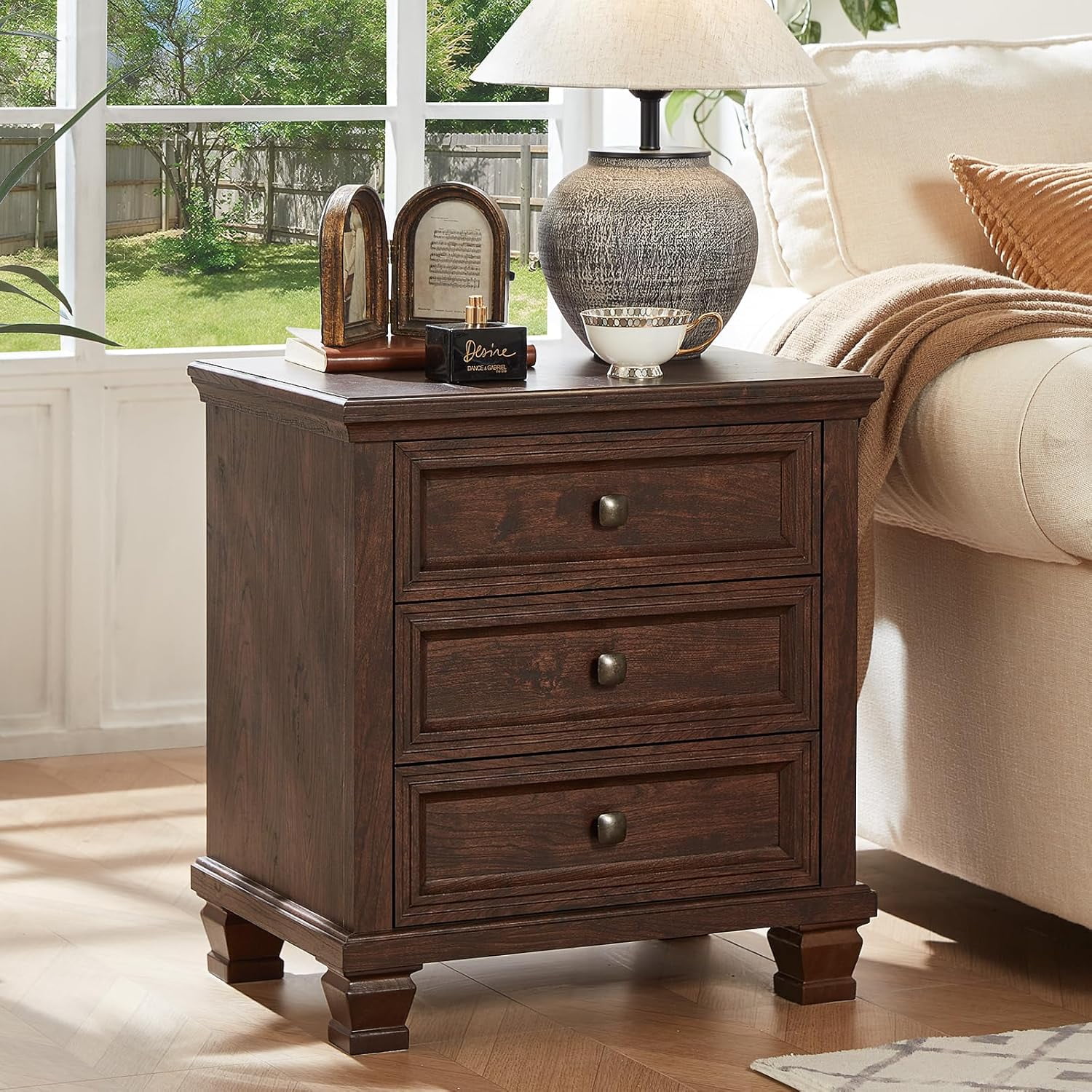 Farmhouse Nightstand with 3 Drawers, Rustic Couch End Table with 4 ...
