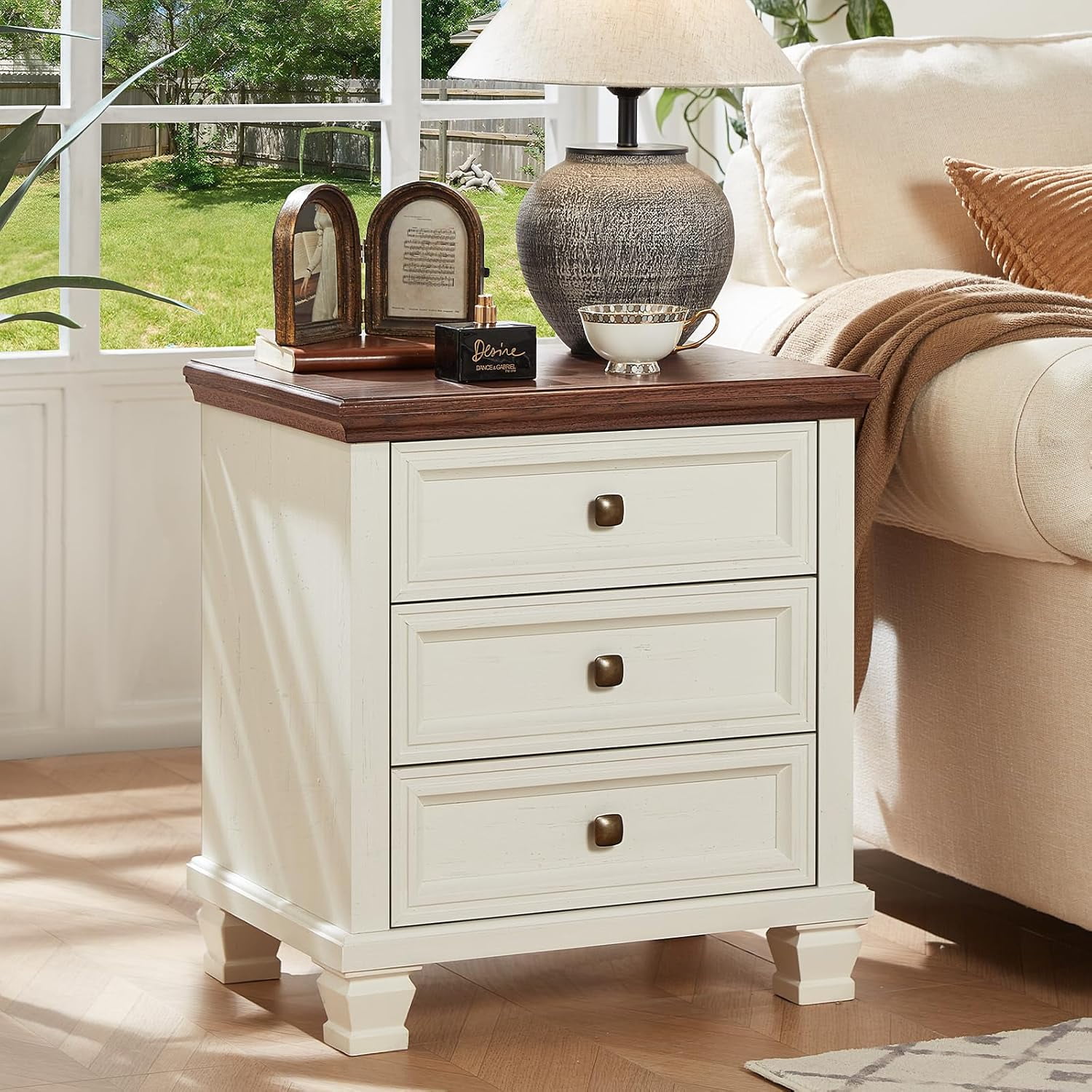 Farmhouse Nightstand with 3 Drawers, Rustic Couch End Table with 4 ...