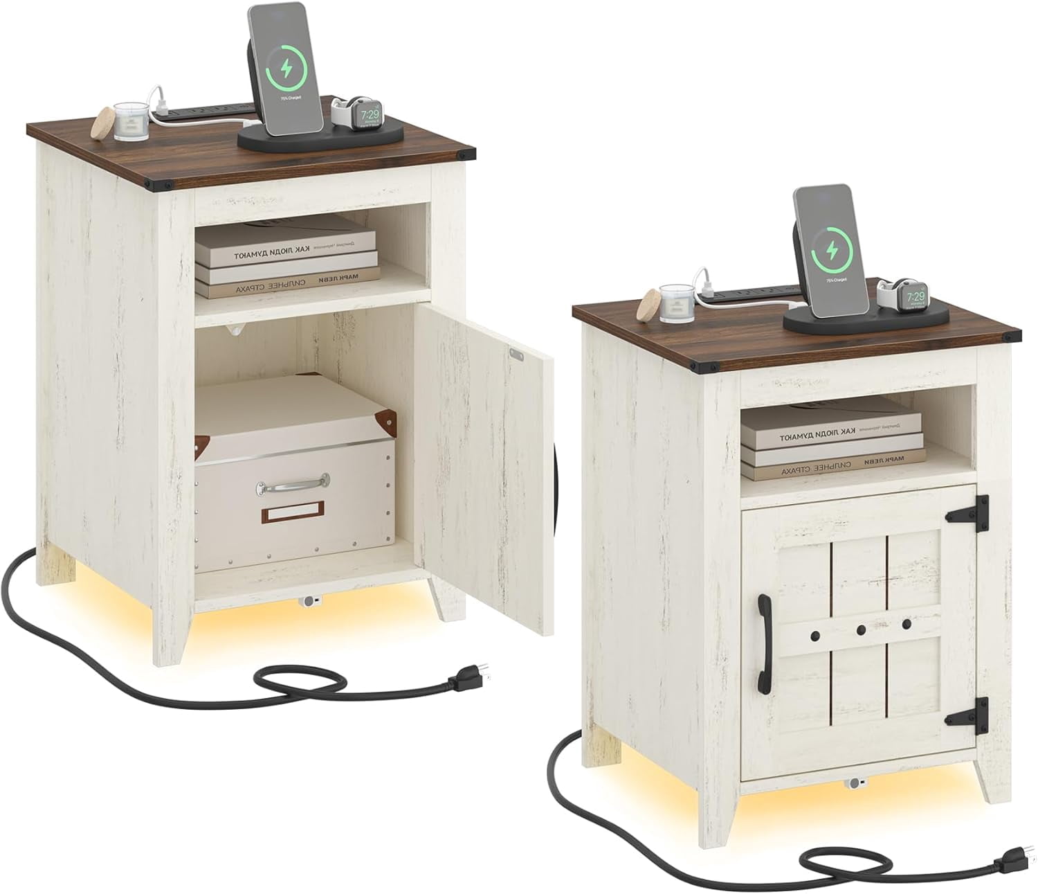 Farmhouse Nightstand with Barn Door, Bedside Table with Charging ...