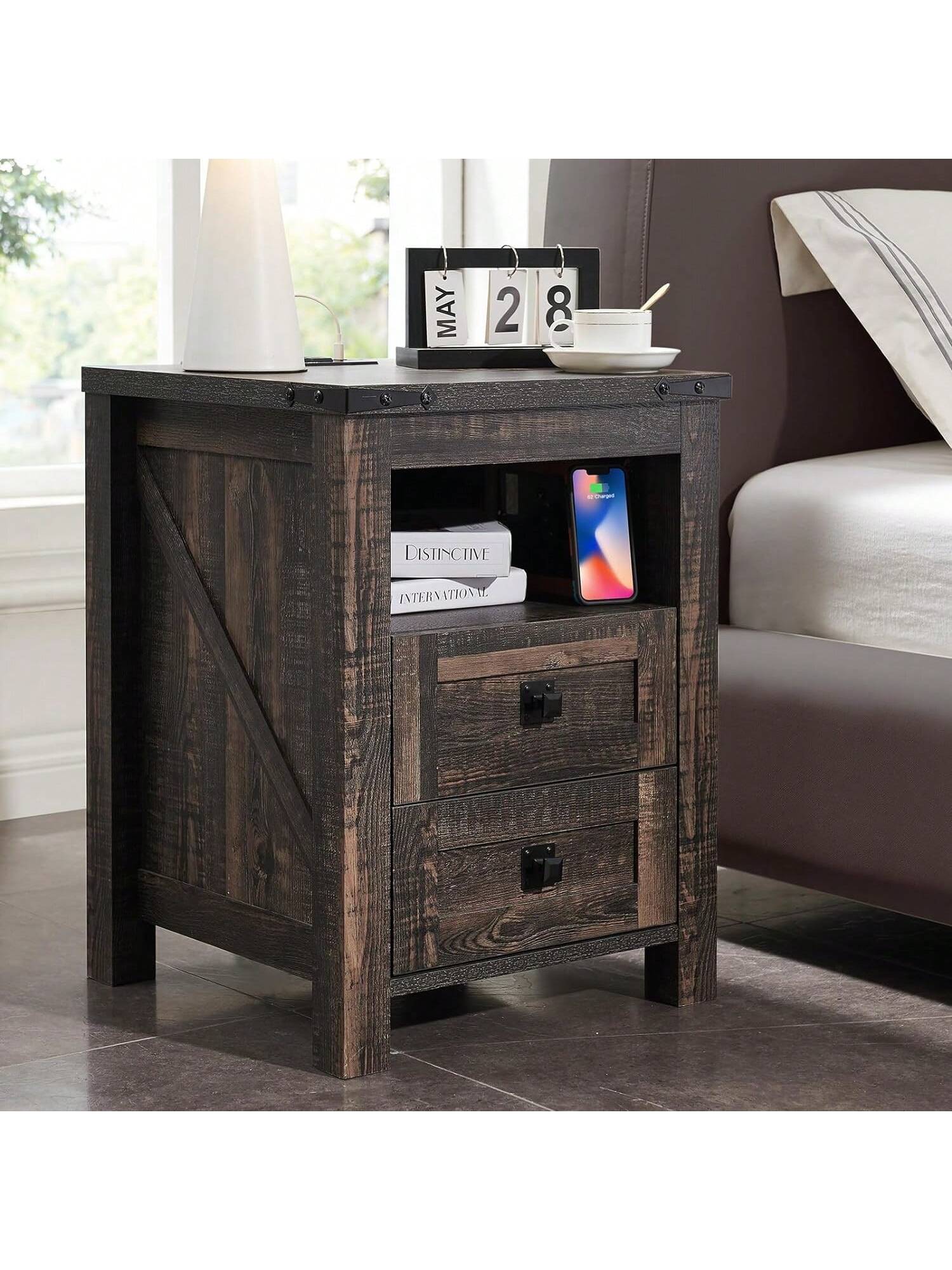 "Farmhouse Nightstand with Charging Station - 18" Rustic Wood End Table ...