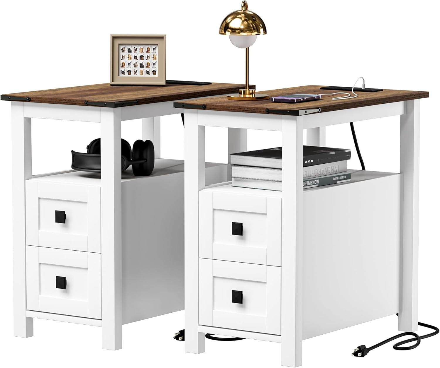 Farmhouse Nightstand with Charging Station and 2 Storage Drawers ...