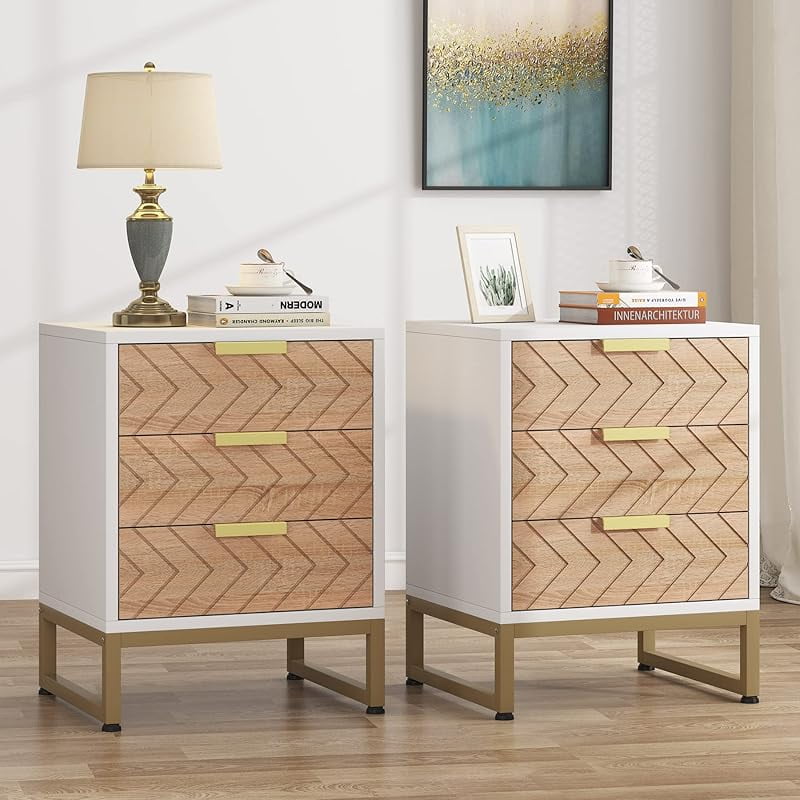 Nightstand Set of 2, Modern 3 Drawers Bedside Table with Unique Zig Zag ...