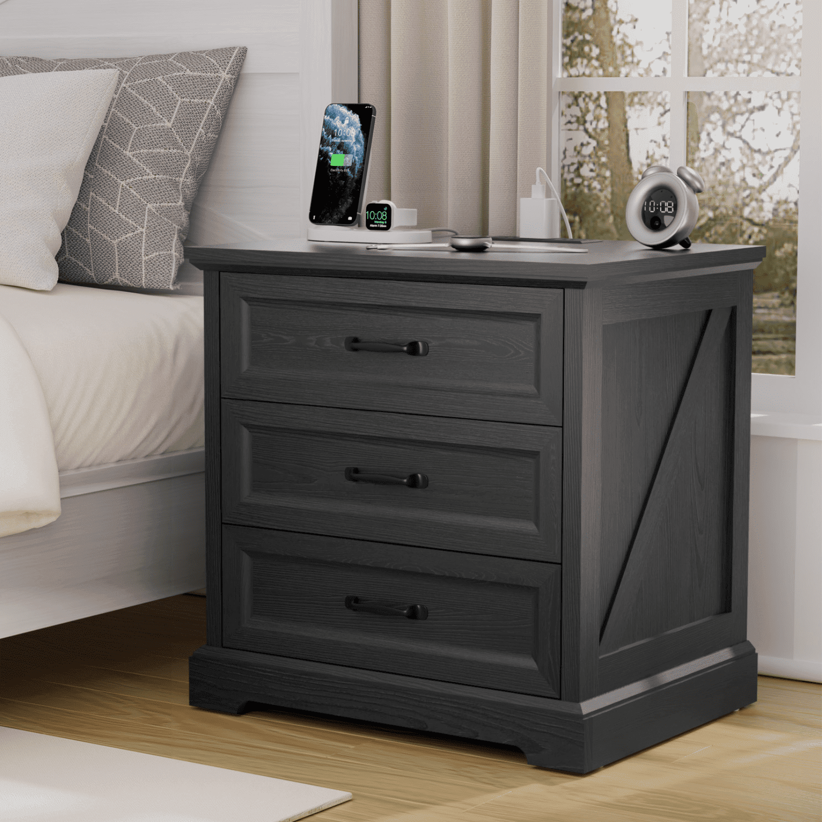 Hommpa Farmhouse 3 Drawers Nightstand with Charging Station, Rustic ...