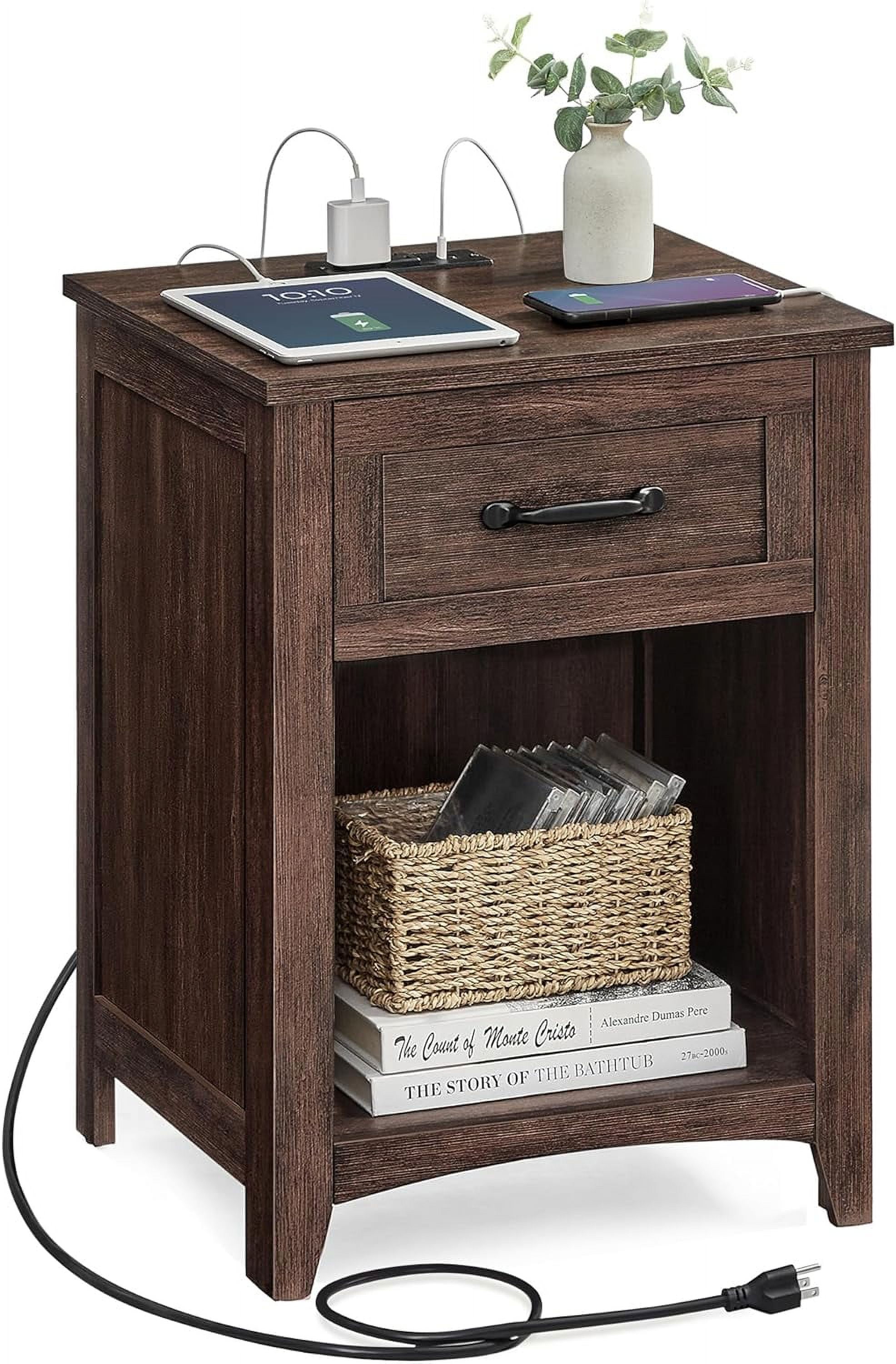 Farmhouse Nightstand with Charging Station, Bedside Table with Drawer ...