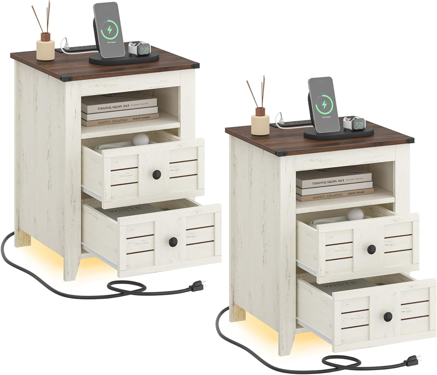 Farmhouse Nightstand with Charging Station and Light Bedside with 2 ...