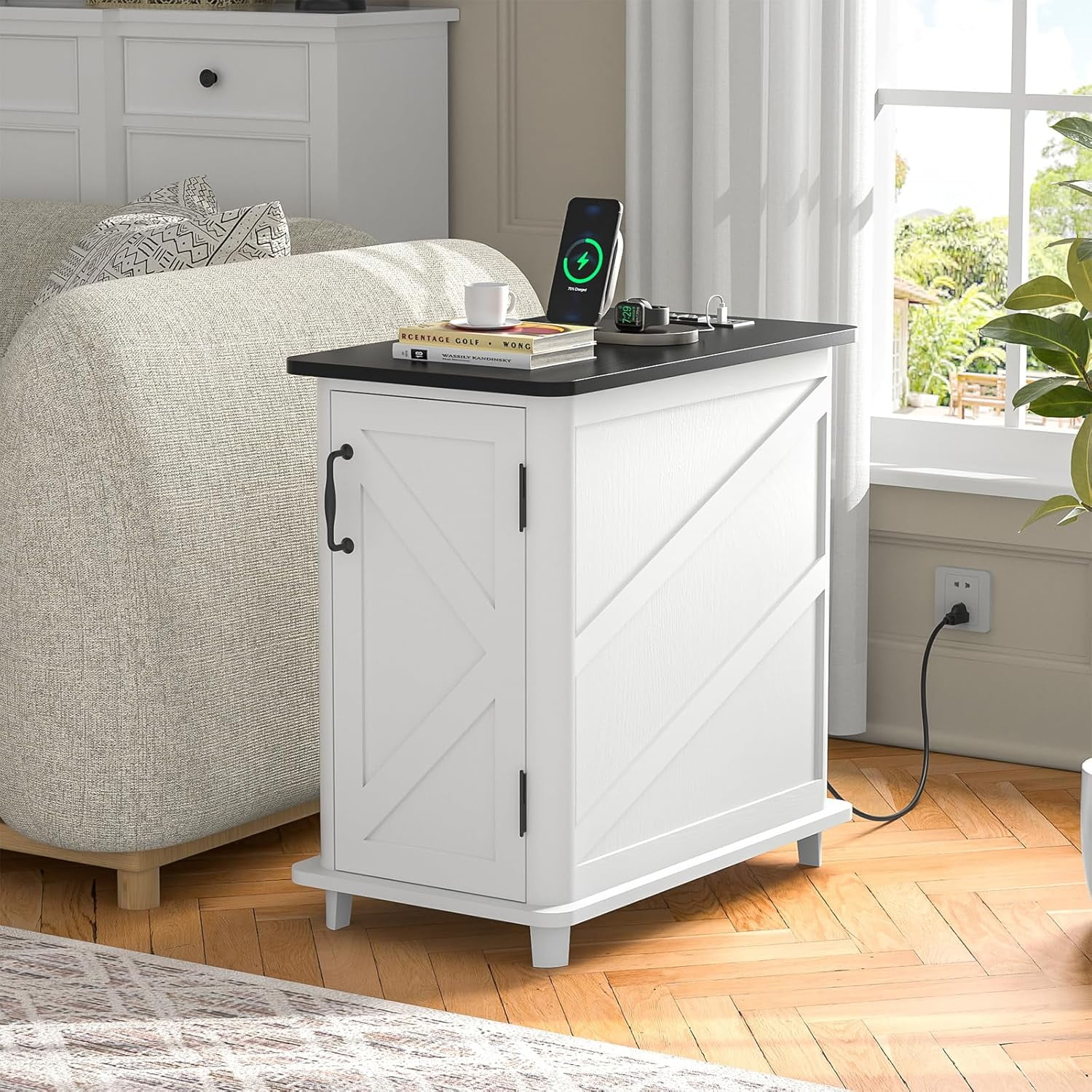 Farmhouse Nightstand with Charging Station, Modren End Table with ...
