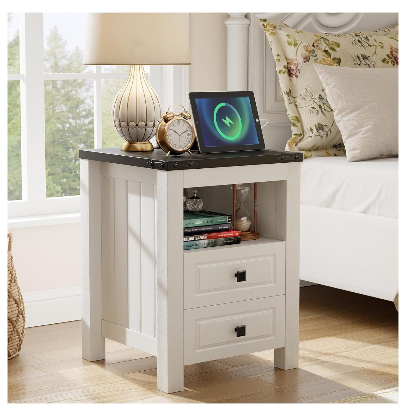 Farmhouse Nightstand with Charging Station, Night Stands with 2 Drawers Storage Cabinet, Vintage ...