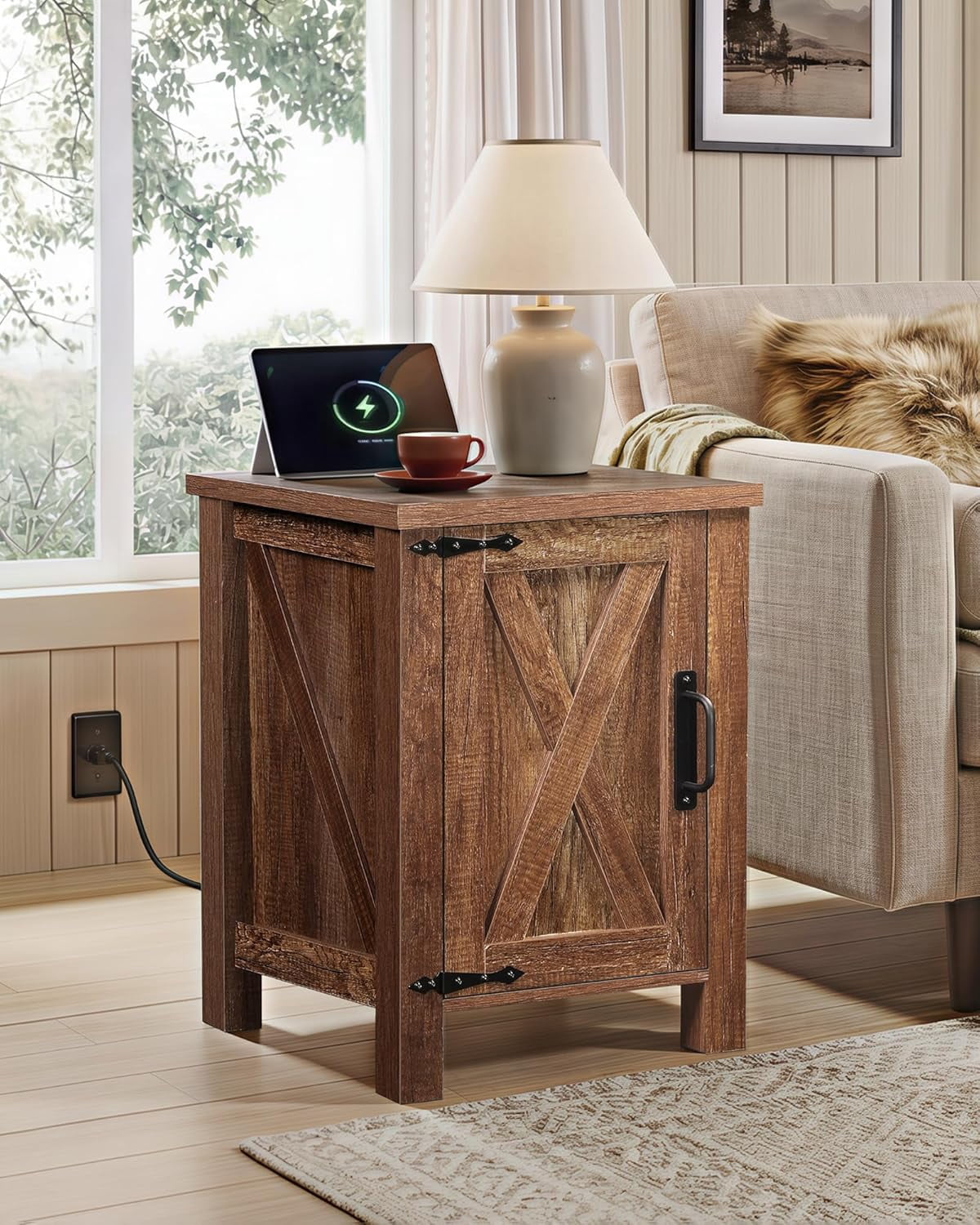Farmhouse Nightstand with Charging Station, Rustic Brown End Table with ...