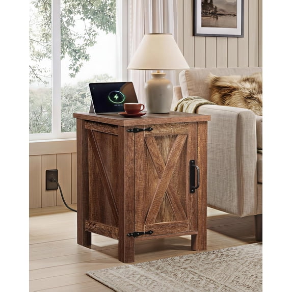 Farmhouse Nightstand with Charging Station, Rustic Brown End Table with ...