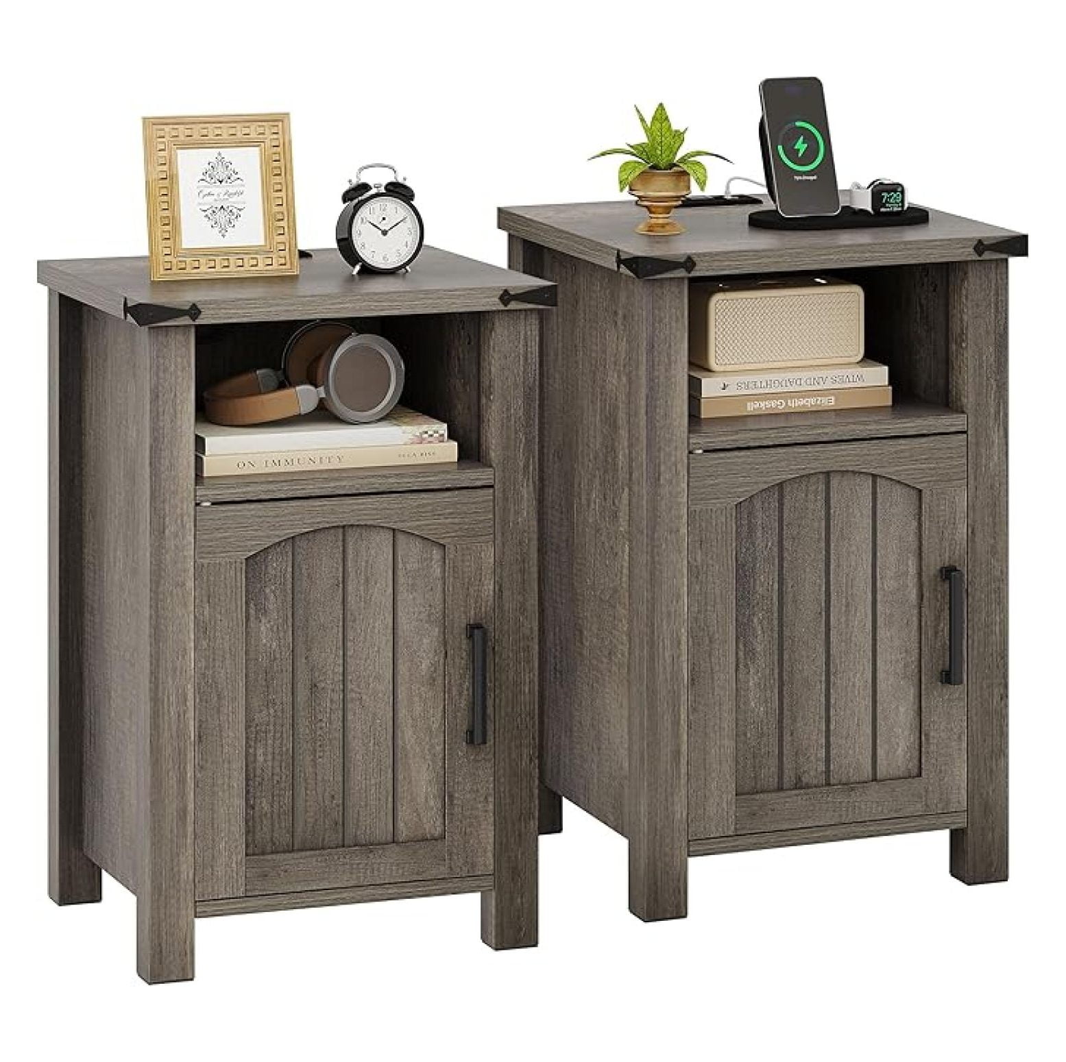 Farmhouse Nightstand with Charging Station, Set of 2 End Table with USB ...