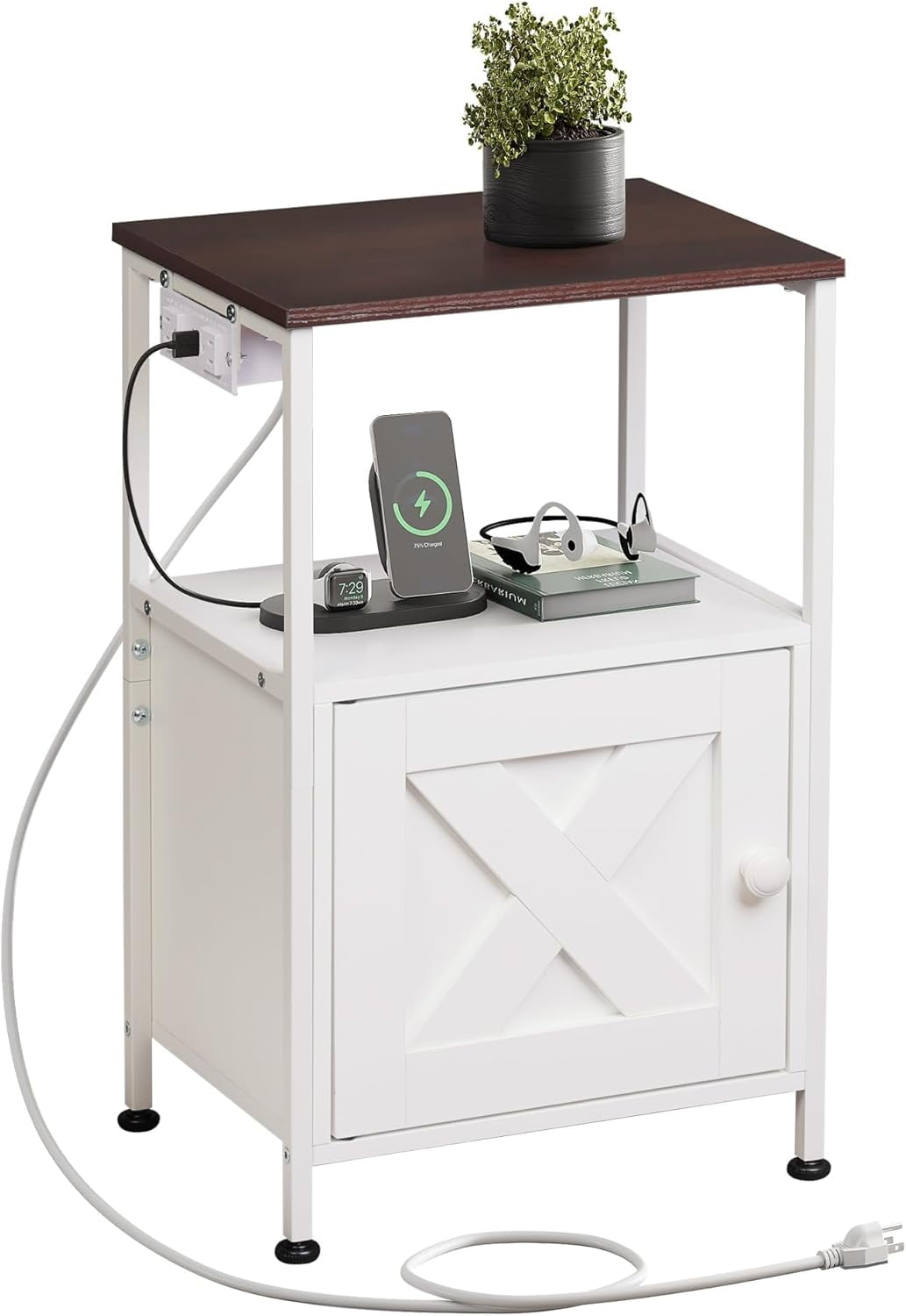 Farmhouse Nightstand with Charging Station, Small End Table, White ...
