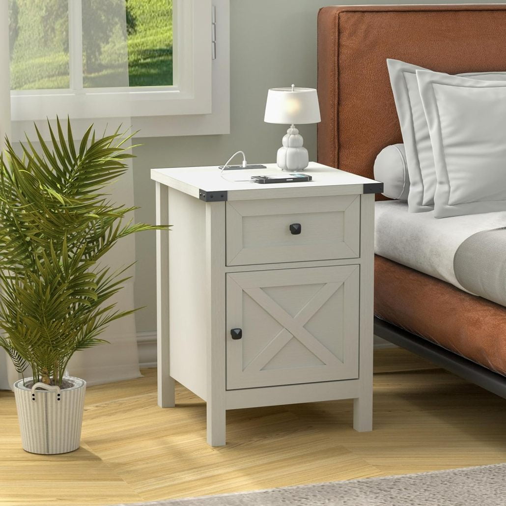 Farmhouse Nightstand with Charging Station, White Side Table, Rustic ...