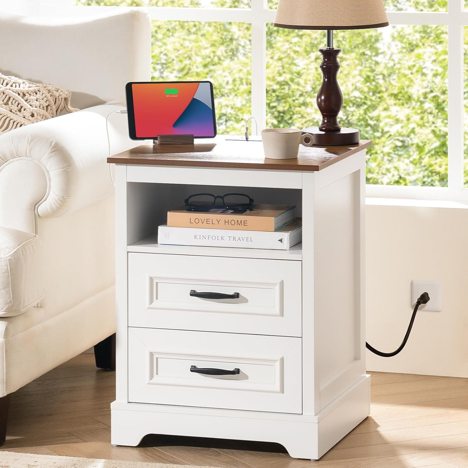 Farmhouse Nightstand with Charging Station, Wood Night Stand with ...