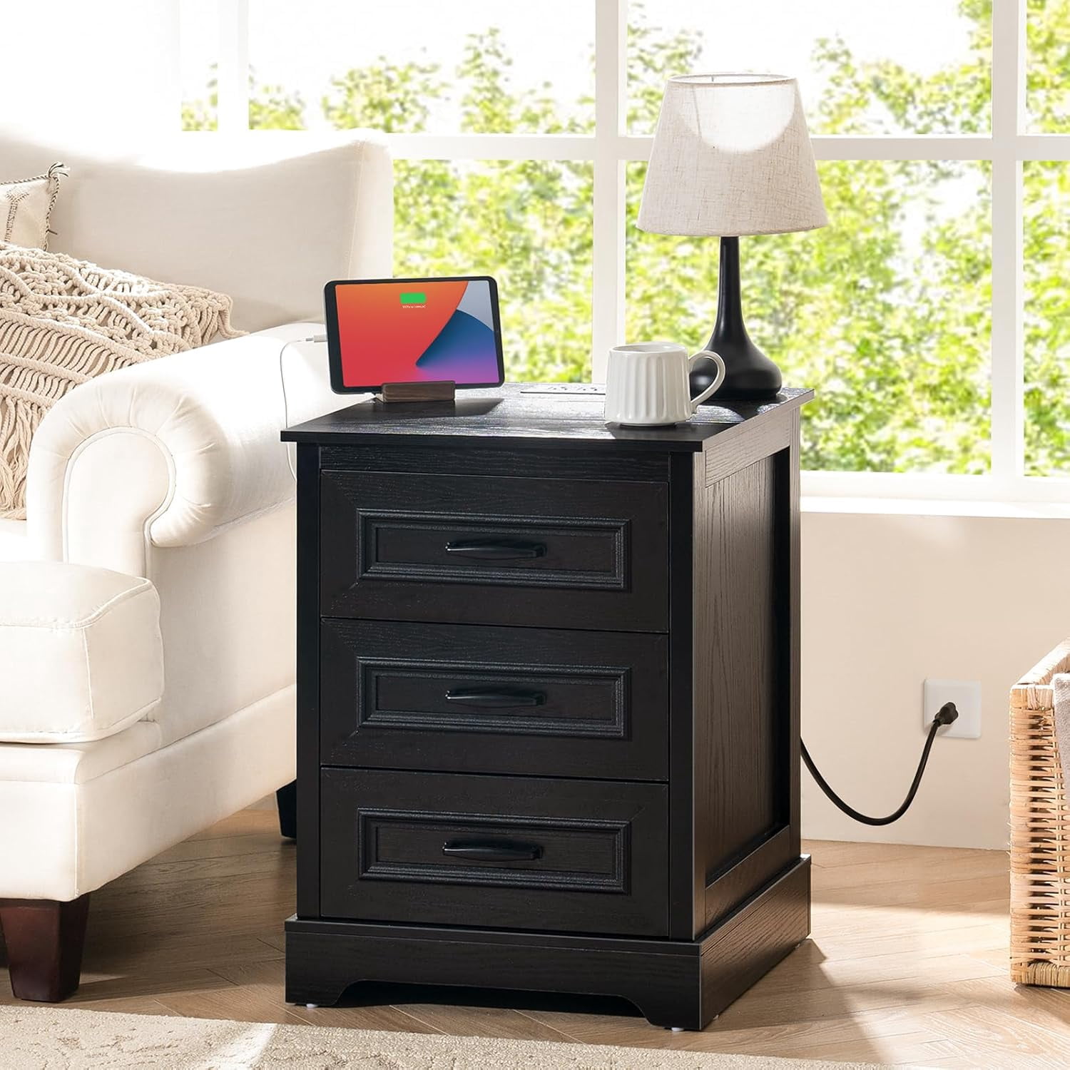 Farmhouse Nightstand with Charging Station, Wood Night Stand with ...