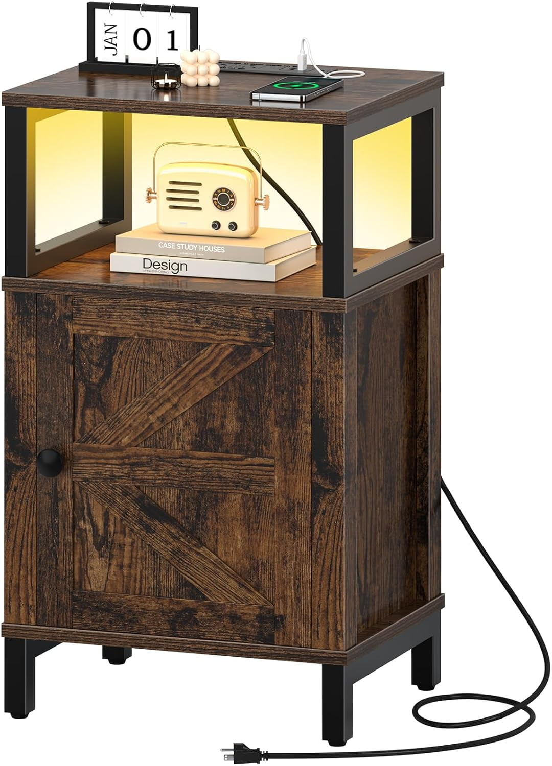 Farmhouse Nightstand with Charging Station, Wood Night Stand End Table ...