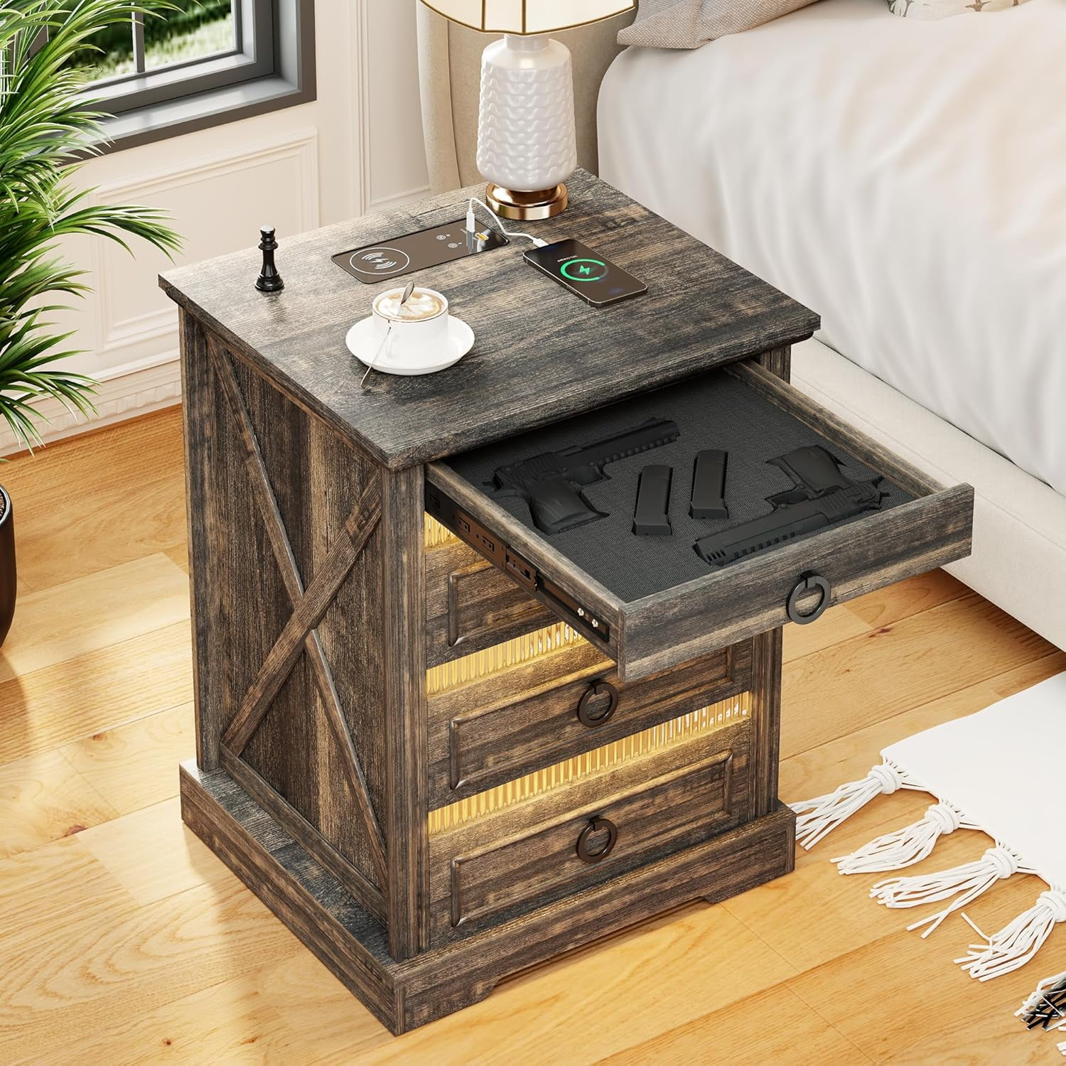 Farmhouse Nightstand with Gun Drawer, Bedside Table with Charging ...