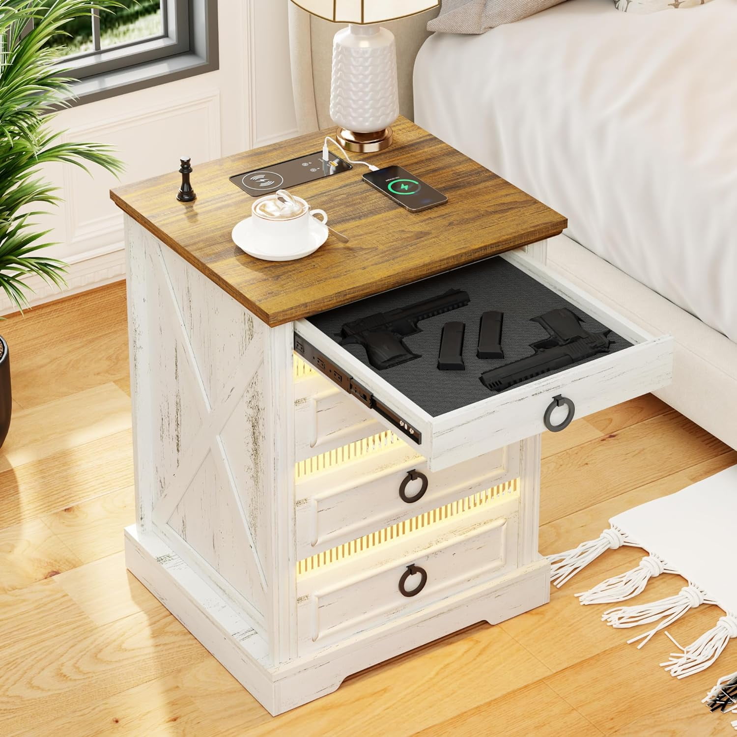 Farmhouse Night Stand with Charging Station, Bedside Table with LED ...
