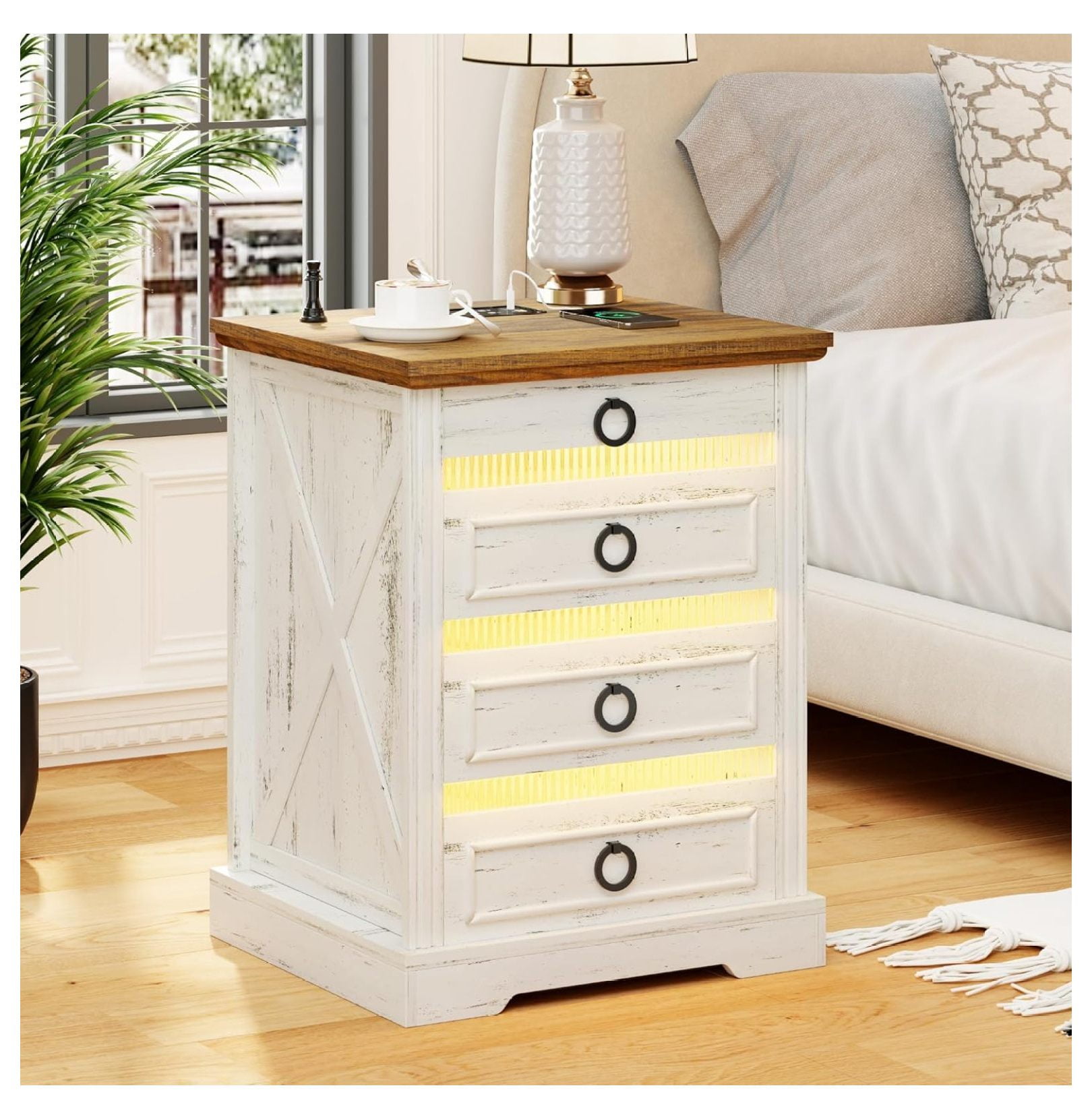 Farmhouse Nightstand with Gun Drawer, Bedside Table with Charging ...