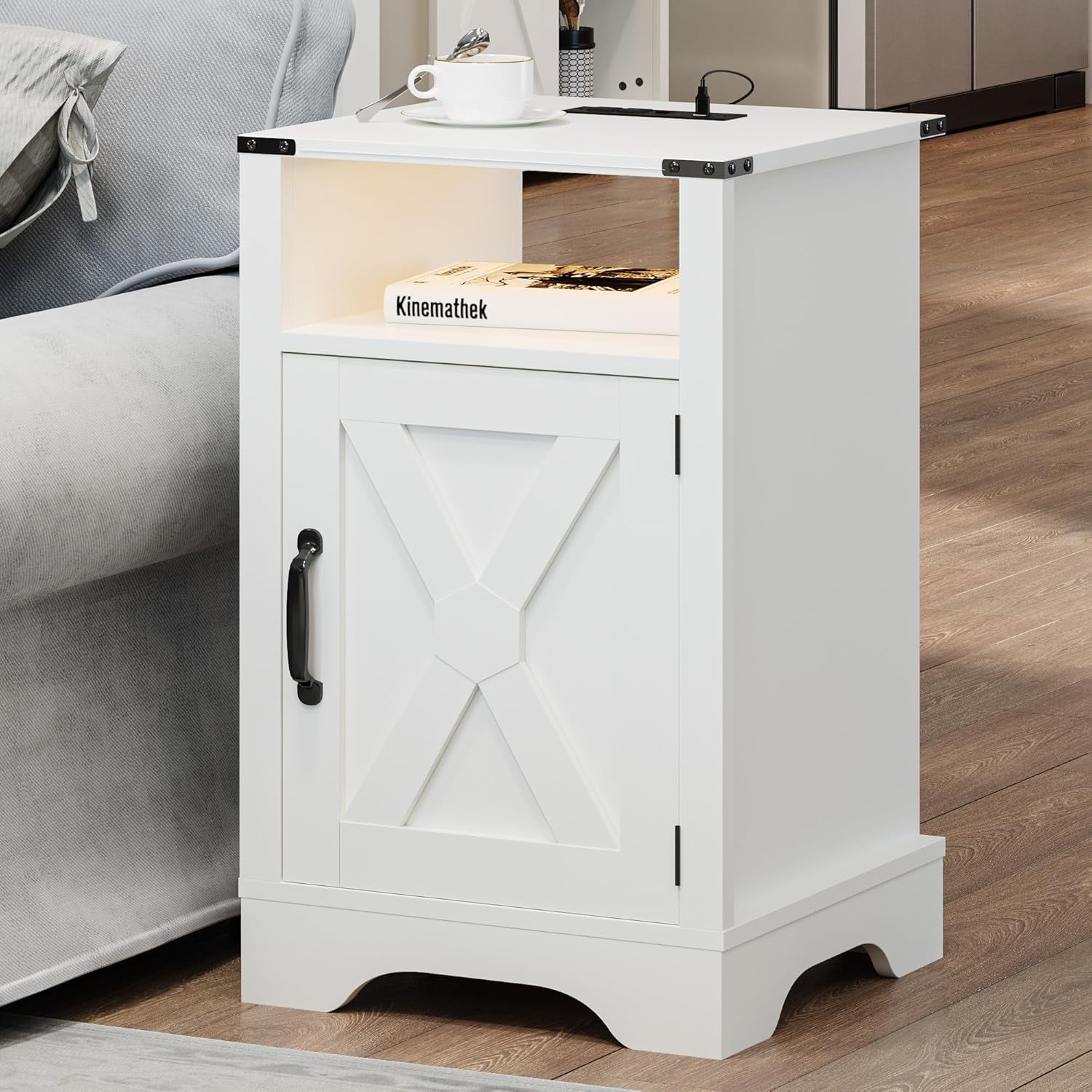 Farmhouse Nightstand, LED End Table w/Charging Station, Side Table w ...